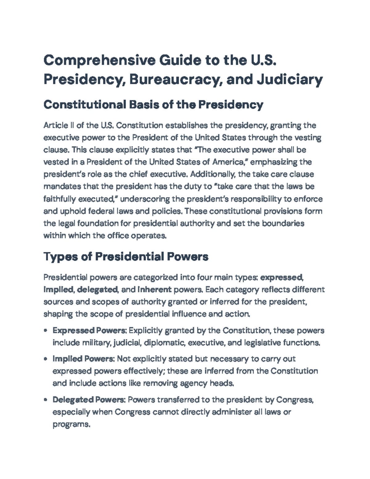 Comprehensive Overview of U.S. Presidential Powers and Structure ...
