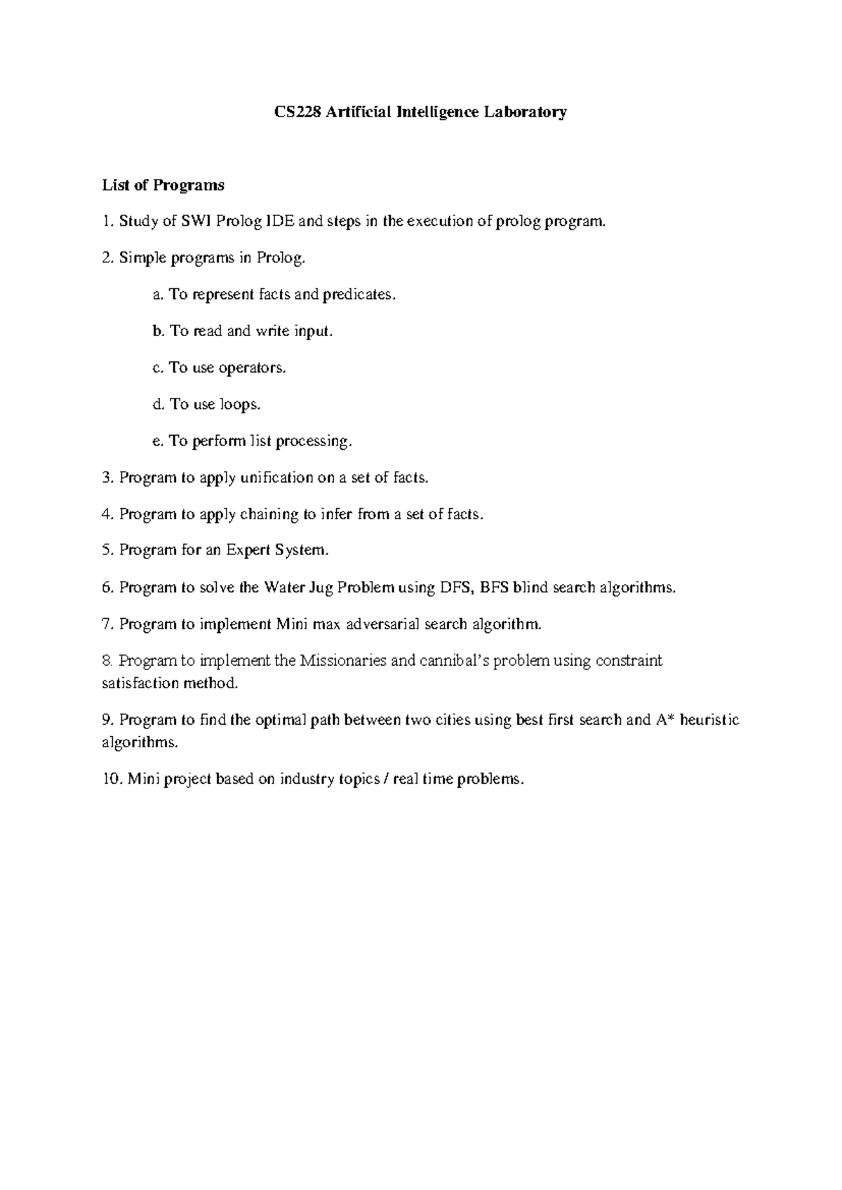CS228 Final Lab Manual: Prolog Programs Overview and Exercises - Studocu
