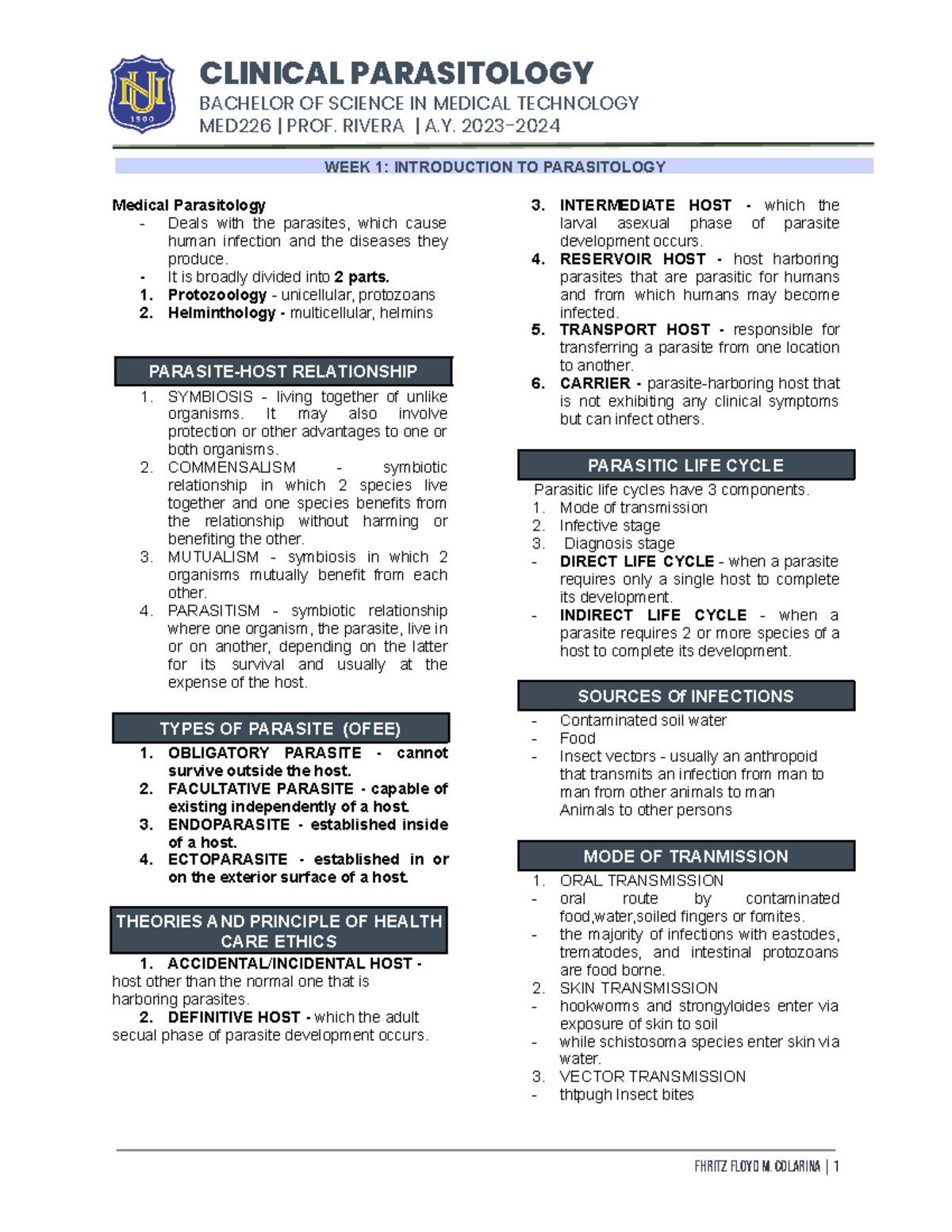 Clinical Parasitology Notes for MED226 - A.Y. 2023-2024 - Studocu