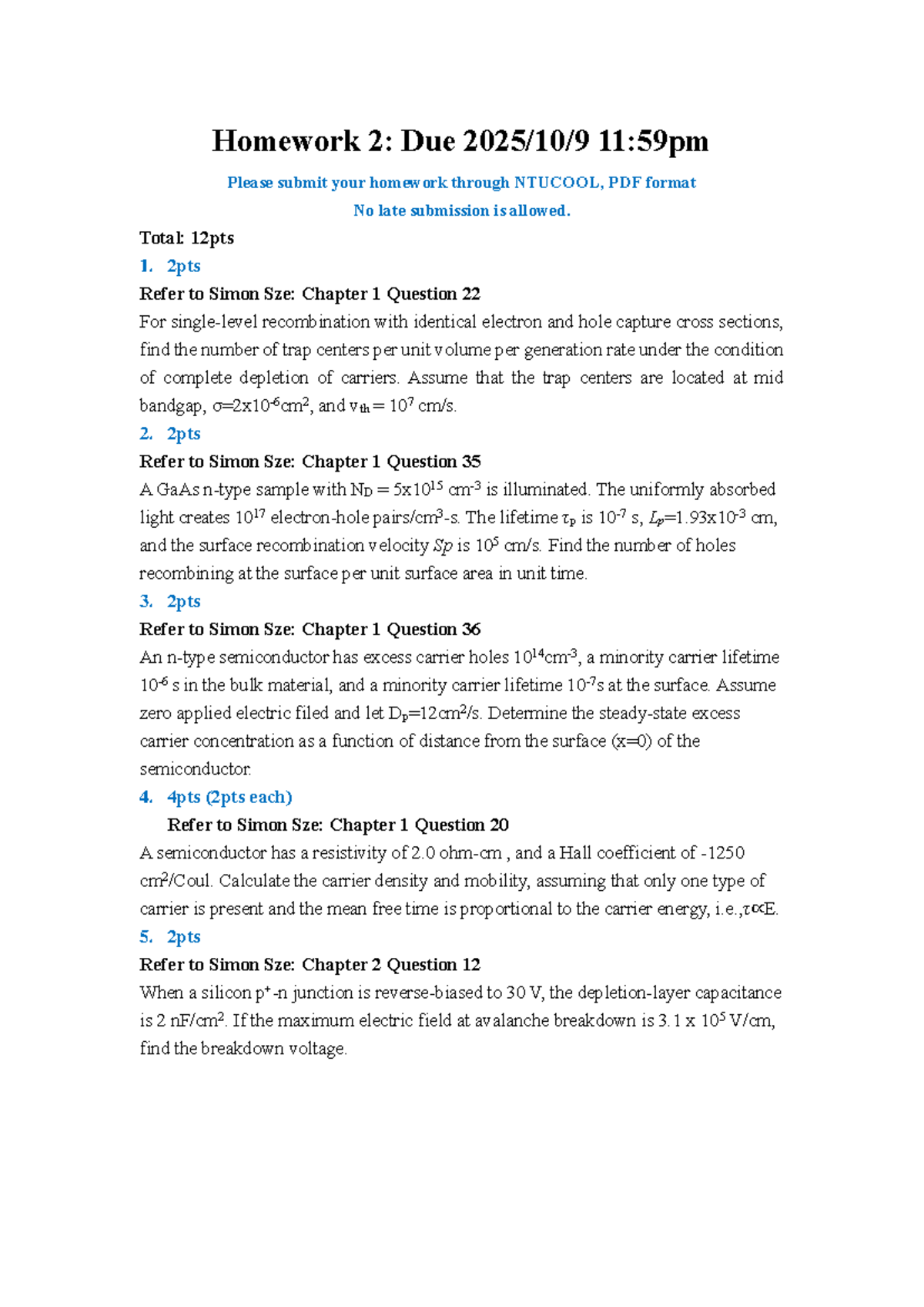 Homework 2: Semiconductor Physics Problems from Simon Sze - Studocu