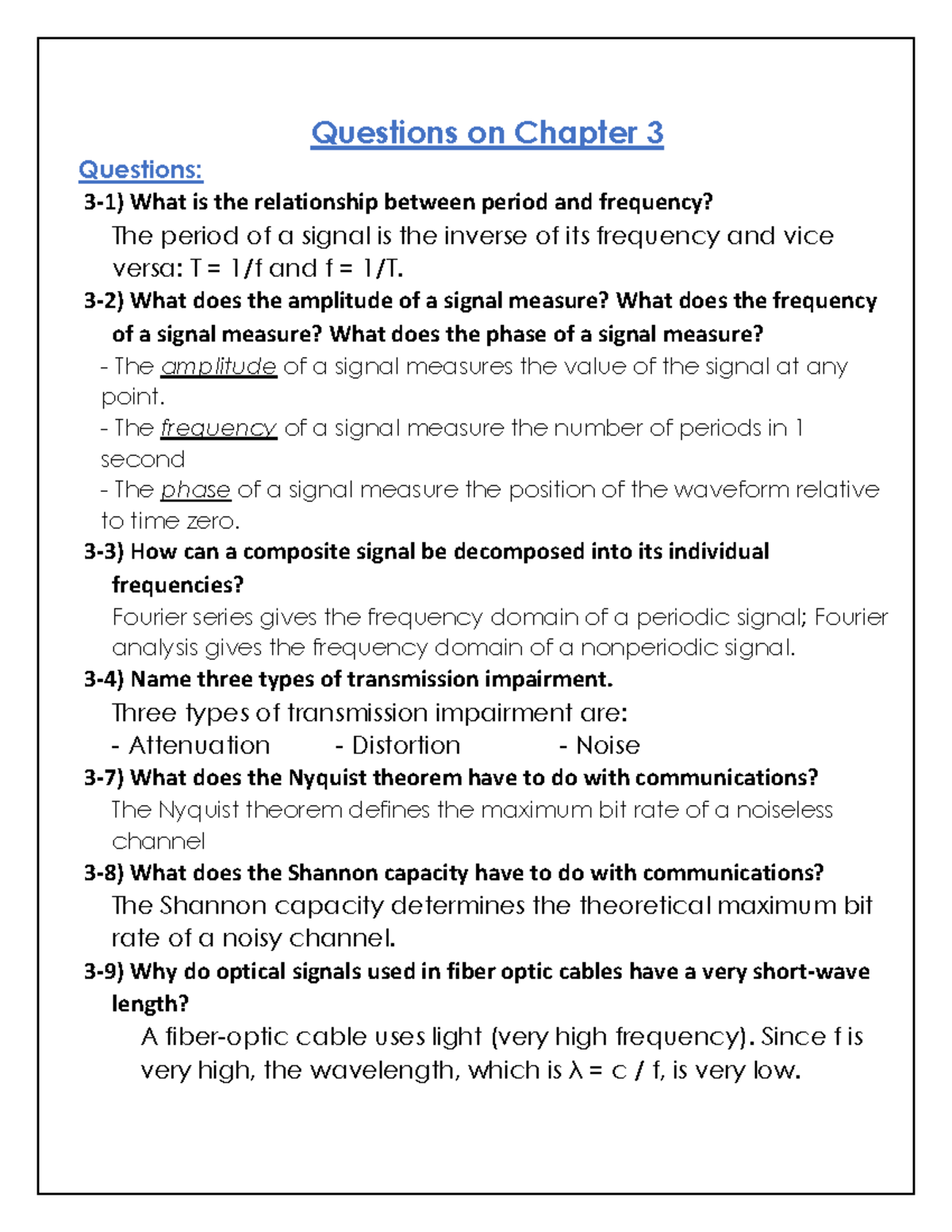 Questions On Chapter 3 Data Communications And Networking Questions On Chapter 3 Questions
