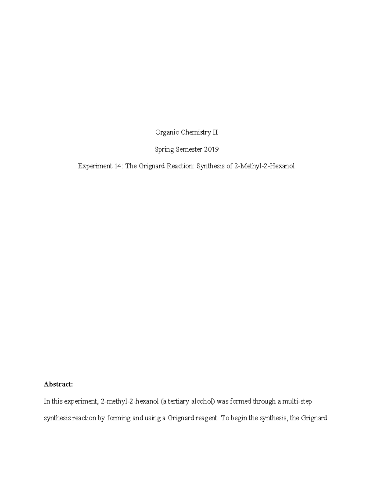 Organic Chemistry II (CHEM 202) Spring 2019: Grignard Reaction ...