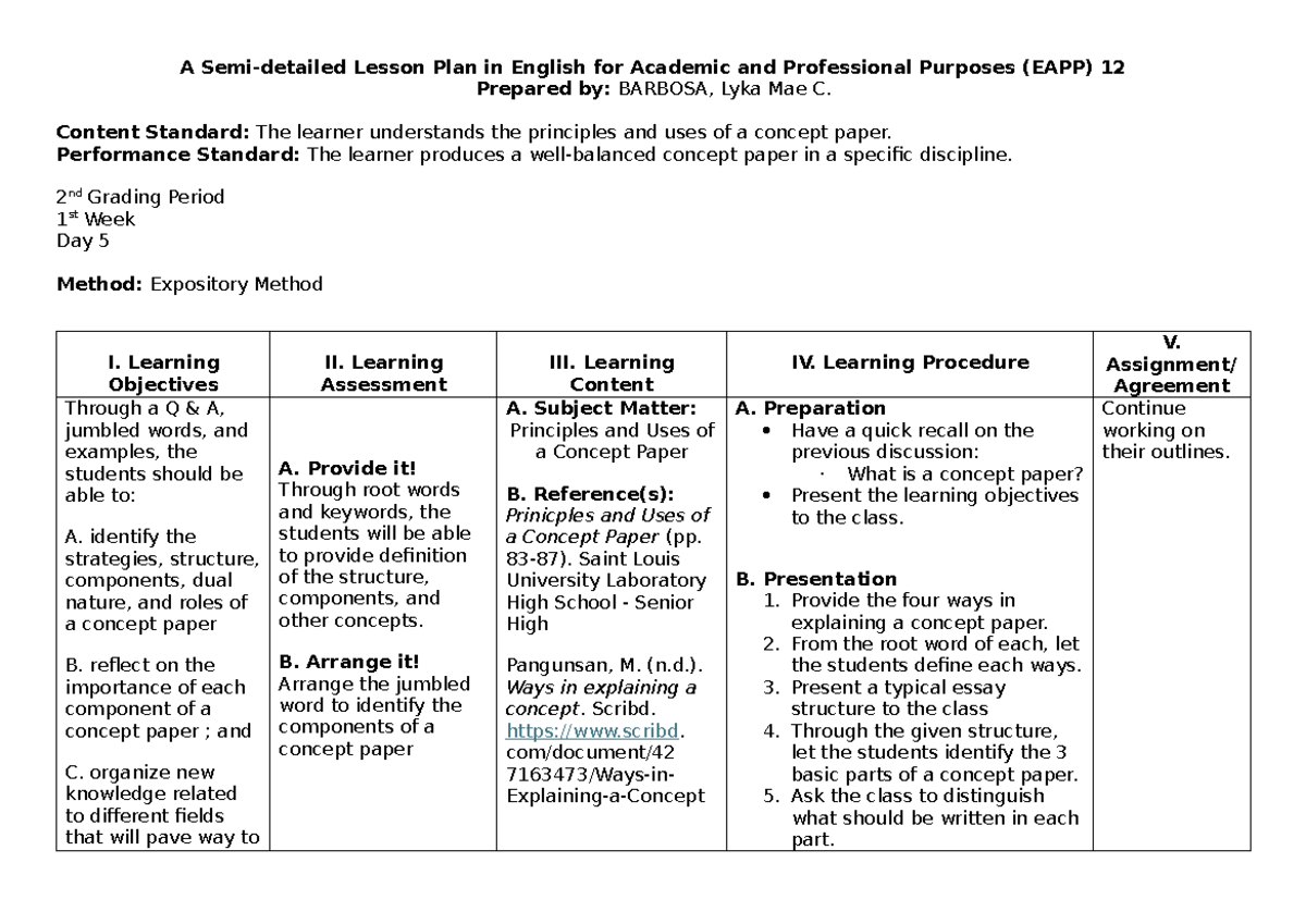 Lesson Plan: Principles & Uses of a Concept Paper (EAPP 12) - Studocu