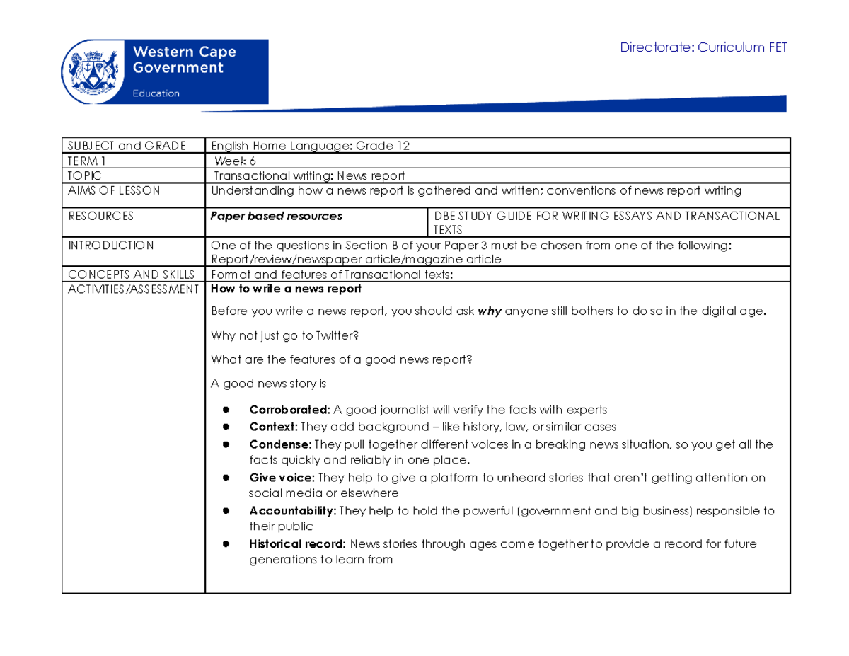 English HL Grade 12 Term 1 Week 6: News Report Writing Guide - Studocu