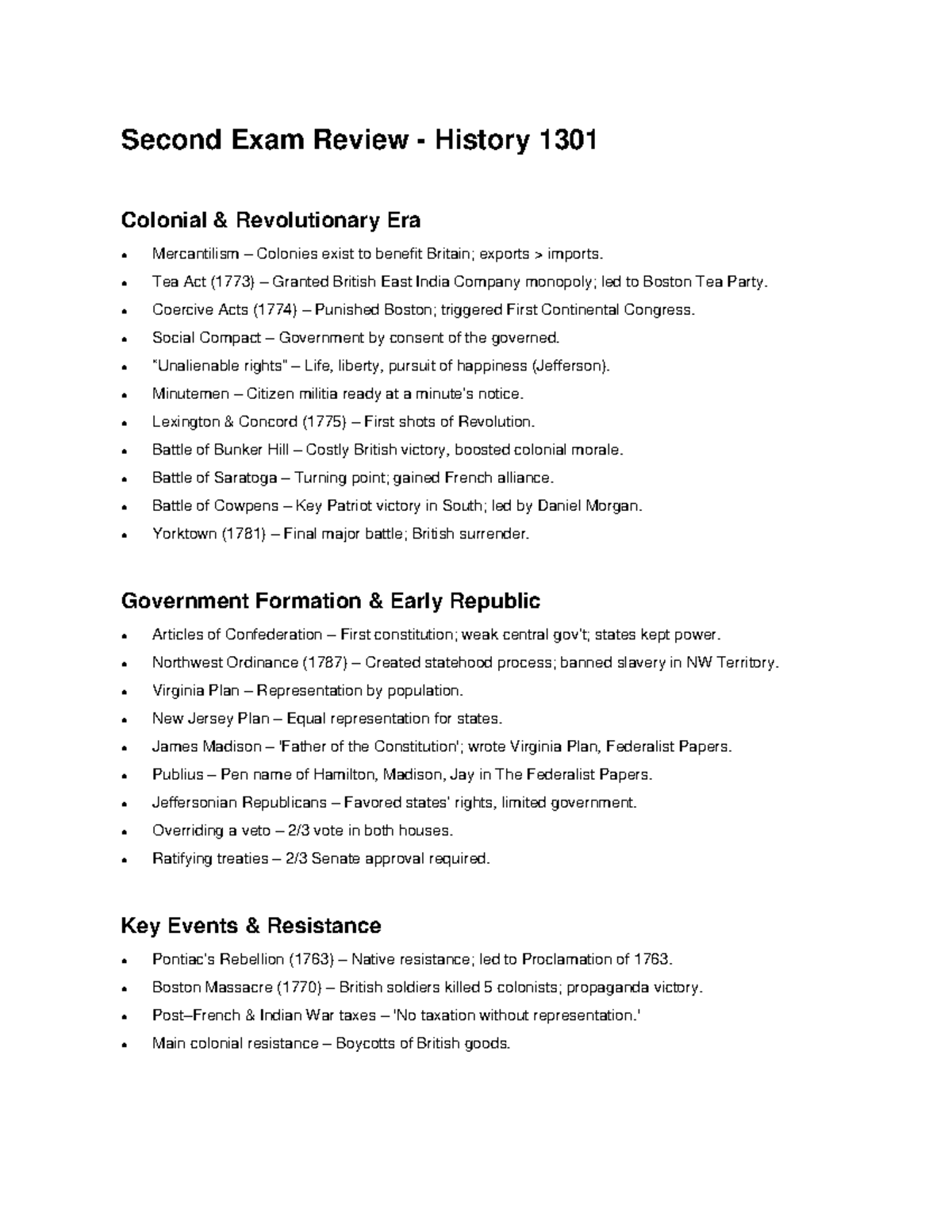 Second Exam Review - History 1301: Colonial Era & Key Events - Studocu