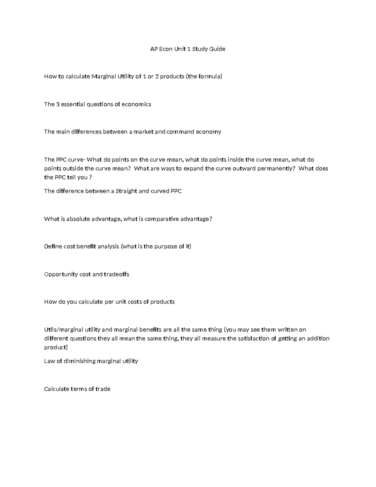 AP Econ Unit 1 Study Guide: Key Concepts and Calculations - Studocu