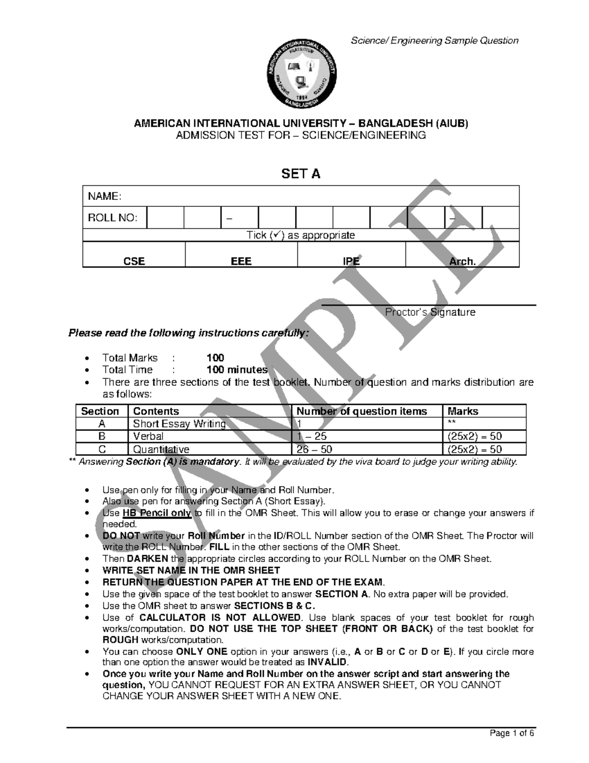 AIUB Admission Test Sample Questions for Engineering (SET A) - Studocu