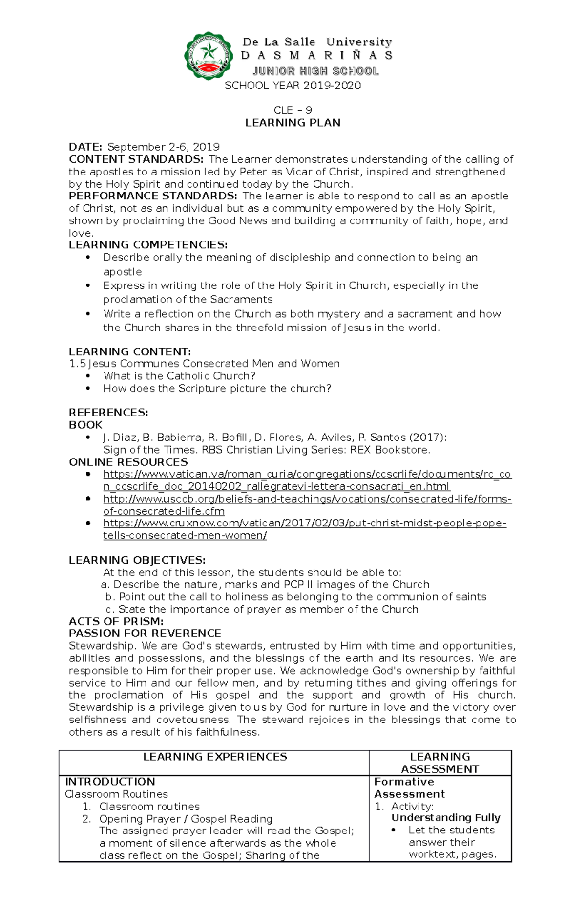 CLE 9 - Learning Plan: Apostleship and the Role of the Church - Studocu