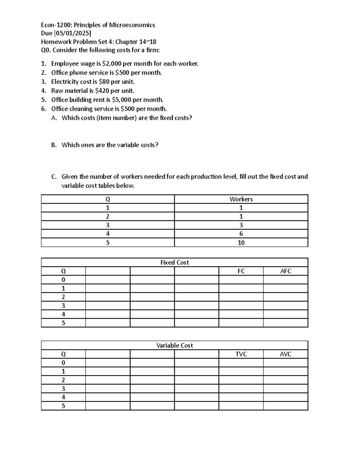 Econ-1200: Principles of Microeconomics Homework Problem Set 4 (Ch. 14 ...