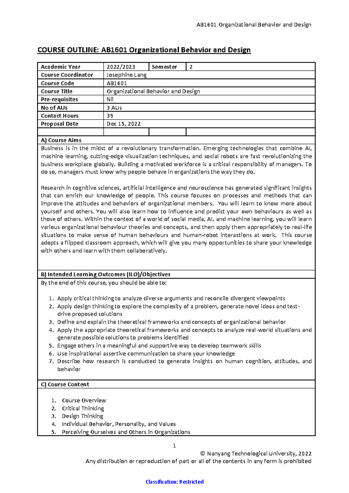 AB1601 Organizational Behavior and Design Course Outline and Overview ...
