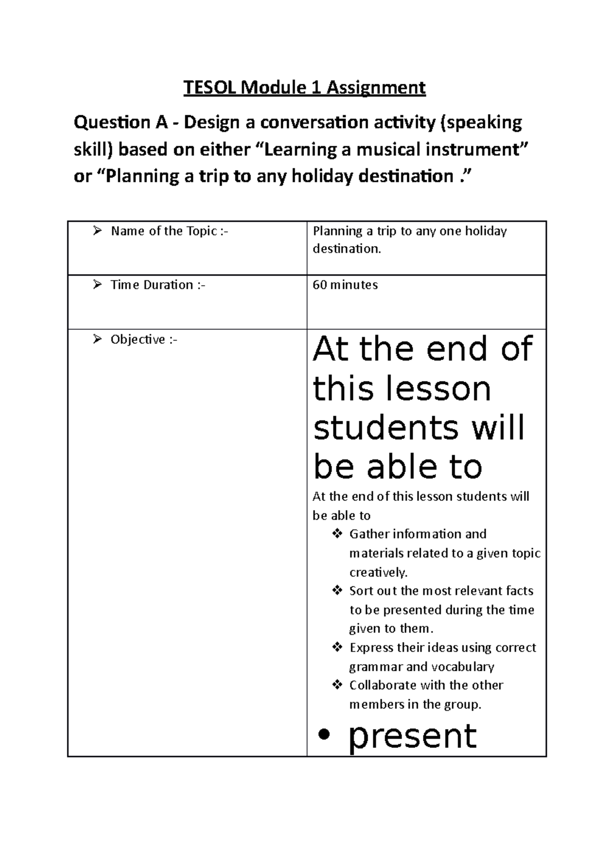 TESOL Module 1: Designing an Interactive Speaking Activity - Studocu