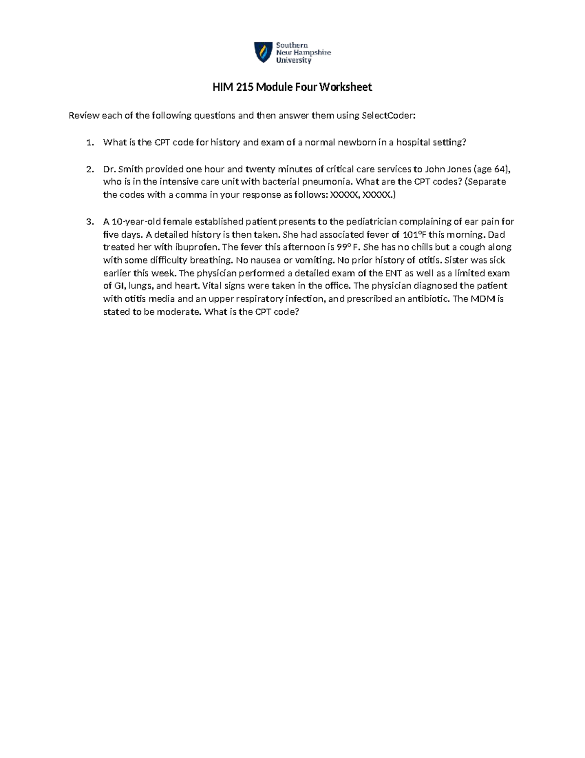 HIM 215 Module 4 Worksheet: CPT Code Review and Answers - Studocu