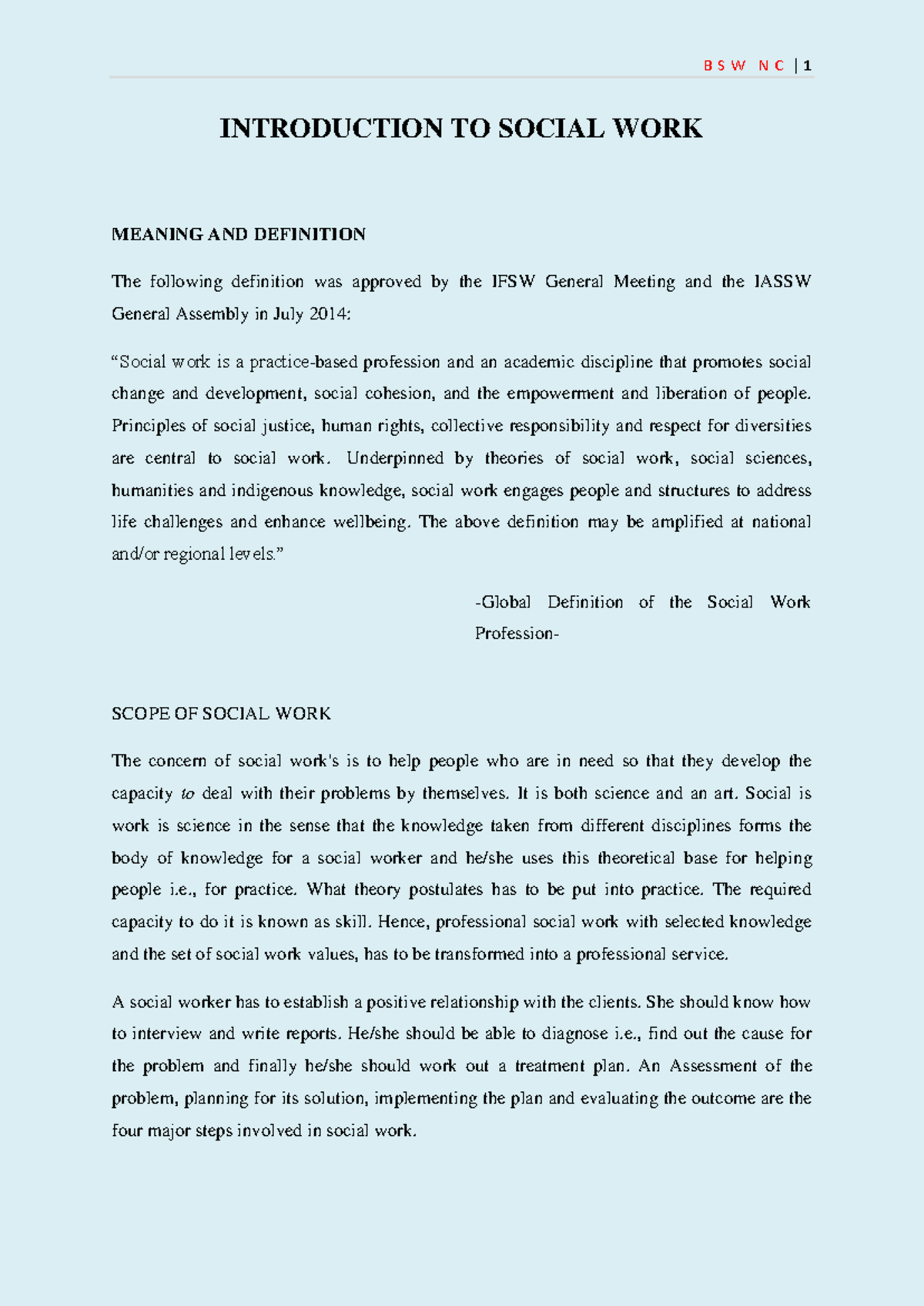 Introduction TO Social WORK - INTRODUCTION TO SOCIAL WORK MEANING AND ...