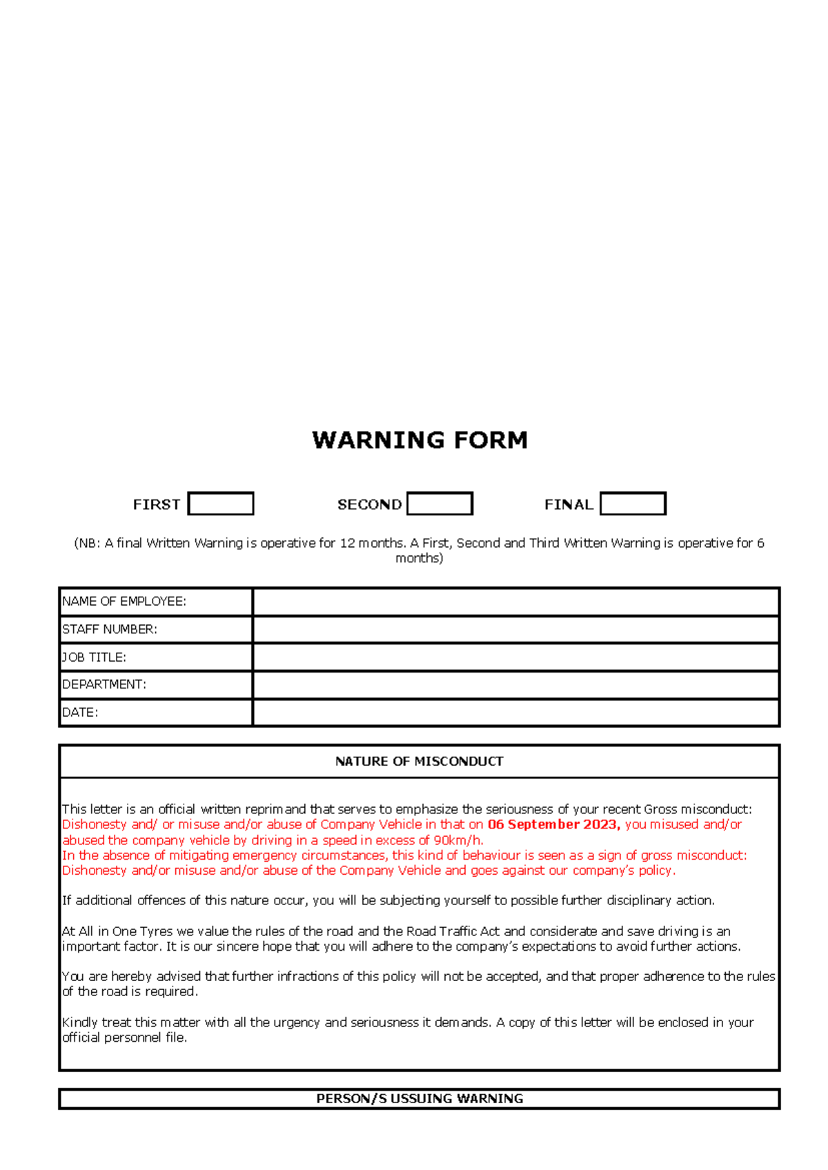 Final Written Warning for Misconduct: Company Vehicle Abuse - Studocu