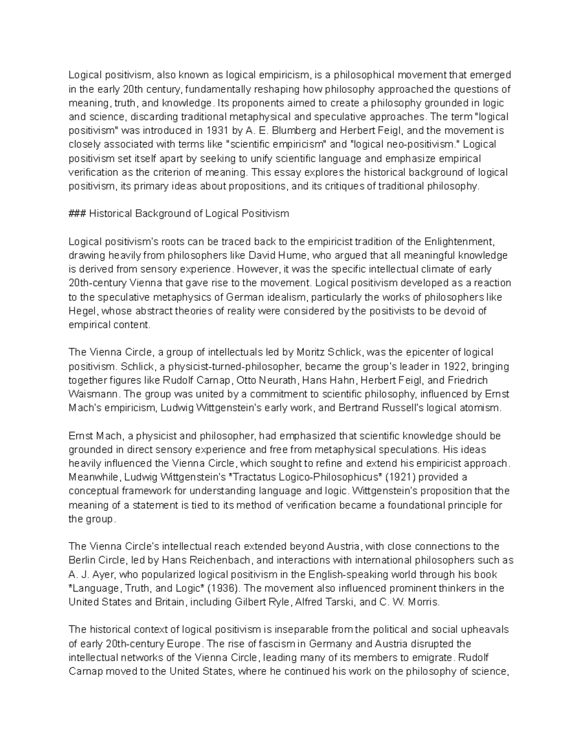 PHIL 3011 - Essay Notes on Logical Positivism and Analytic Philosophy ...