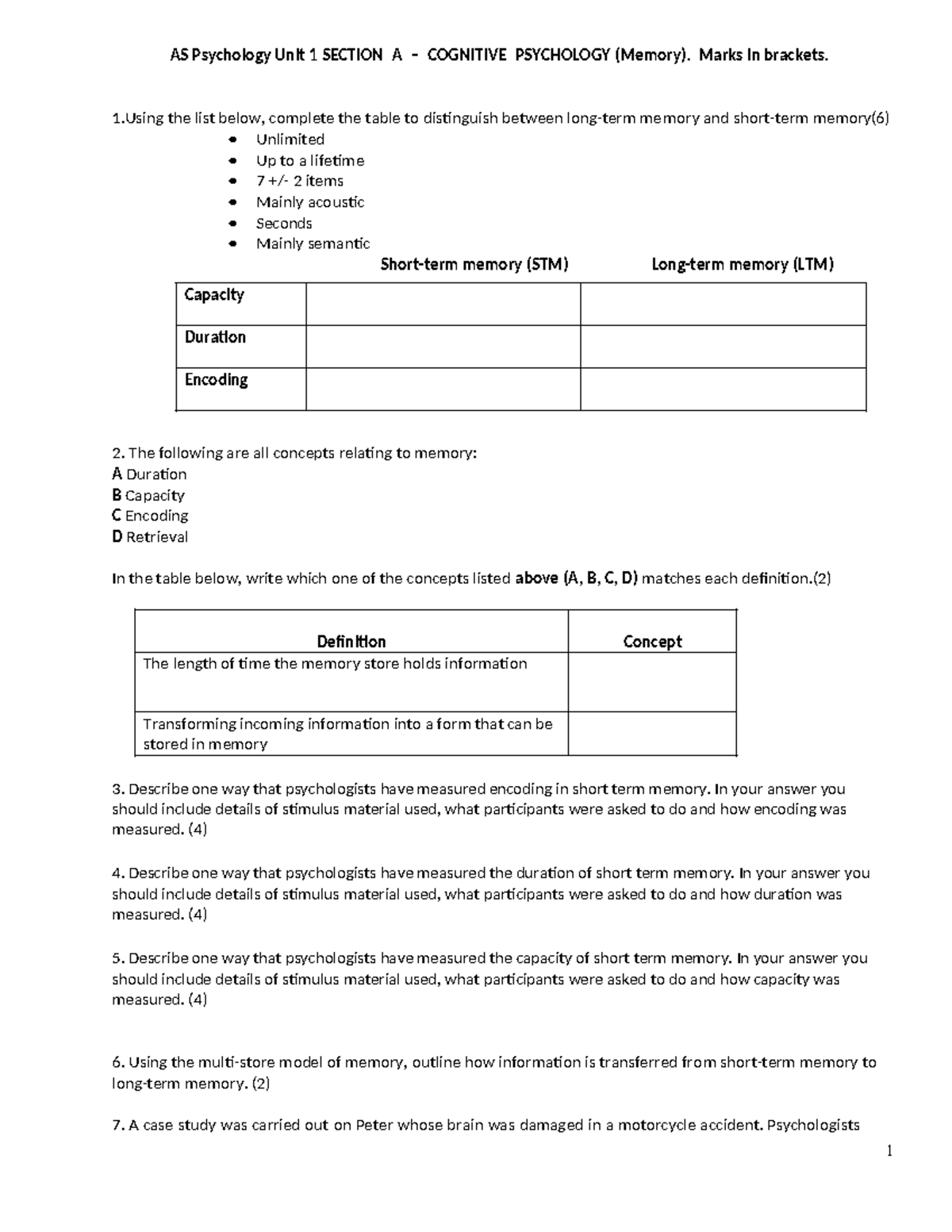 AS Psychology Unit 1: Cognitive Psychology - Memory Homework - Studocu