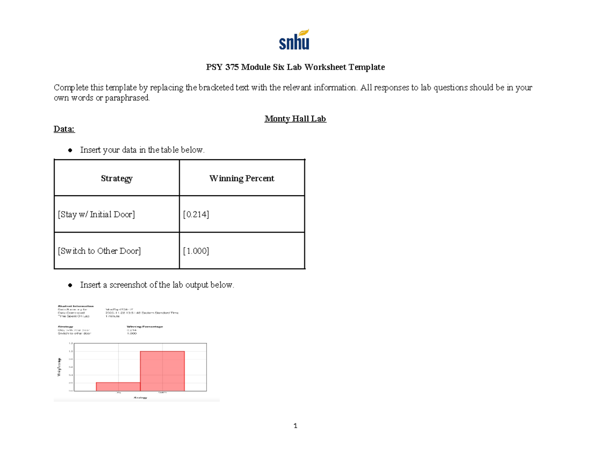 PSY 375 Module Six Lab Worksheet: Monty Hall & Risky Decisions Analysis - Studocu