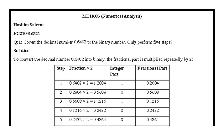 Fall 2025 MTH603 Numerical Analysis: Binary Conversion & Methods - Studocu
