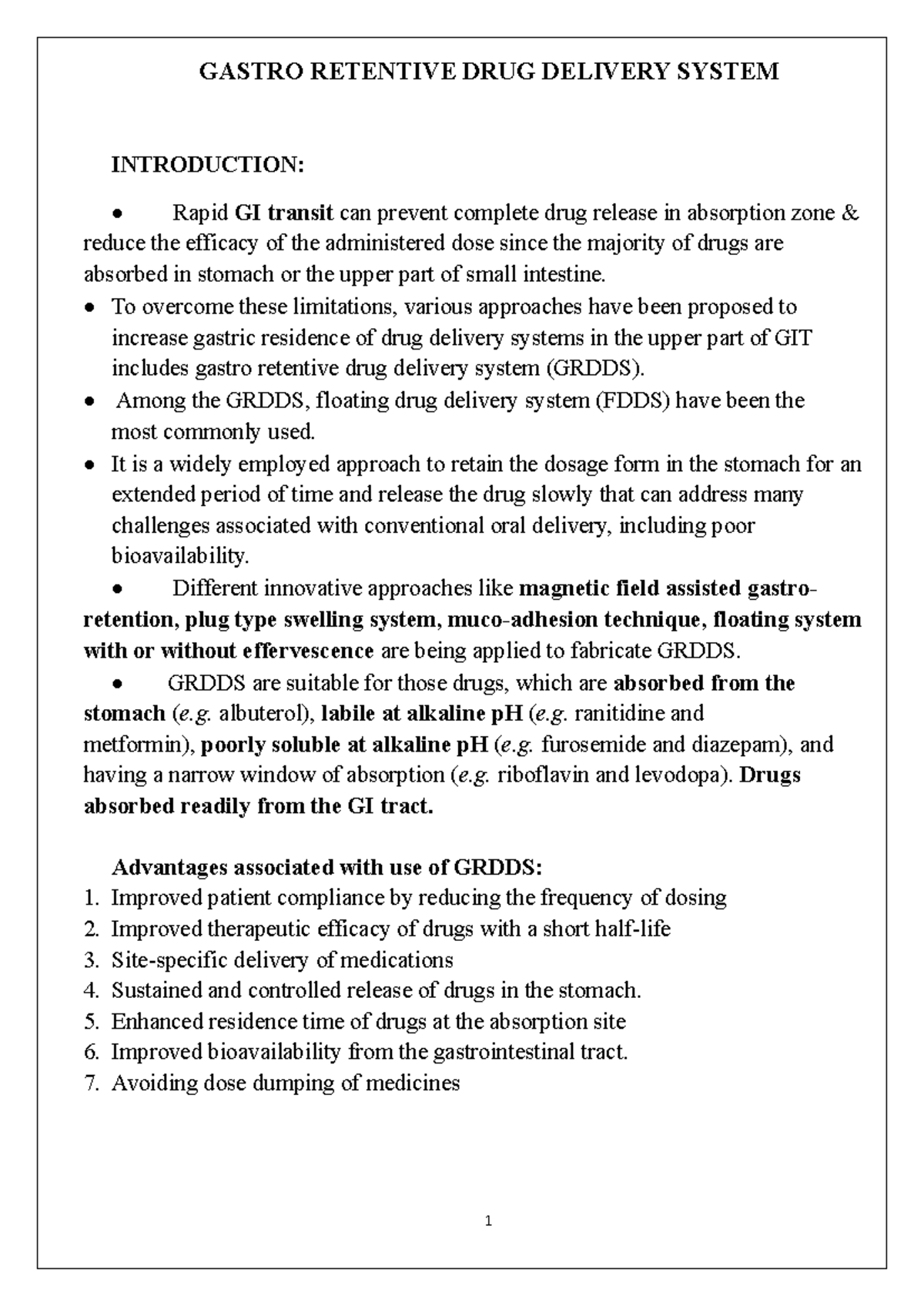GASTRO RETENTIVE DRUG DELIVERY SYSTEM: An Overview of GRDDS - Studocu