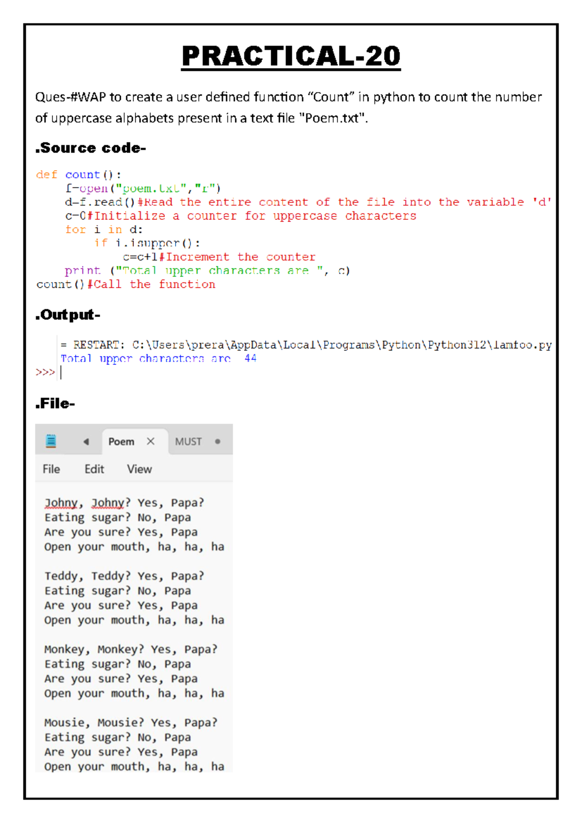 Organized - project - Ques-#WAP to create a user defined function “Count” in python to count the ...