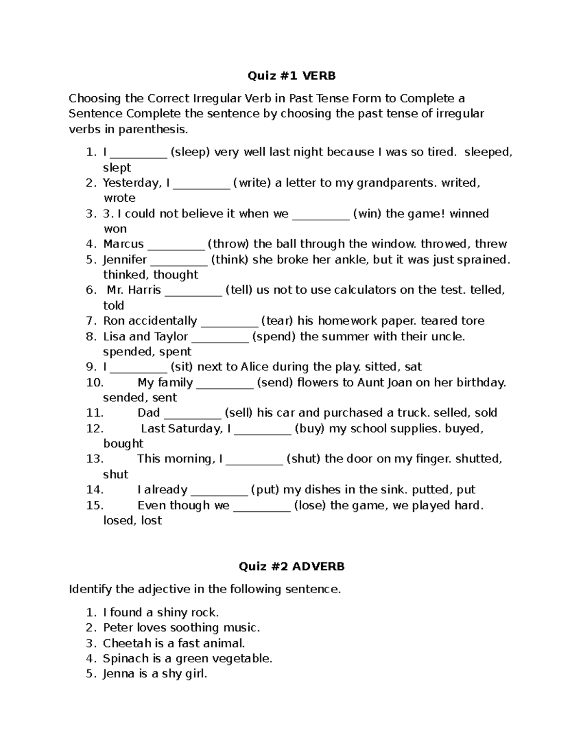 Quiz Compilation: Irregular Verbs, Adjectives & Affixes (ENG 101) - Studocu