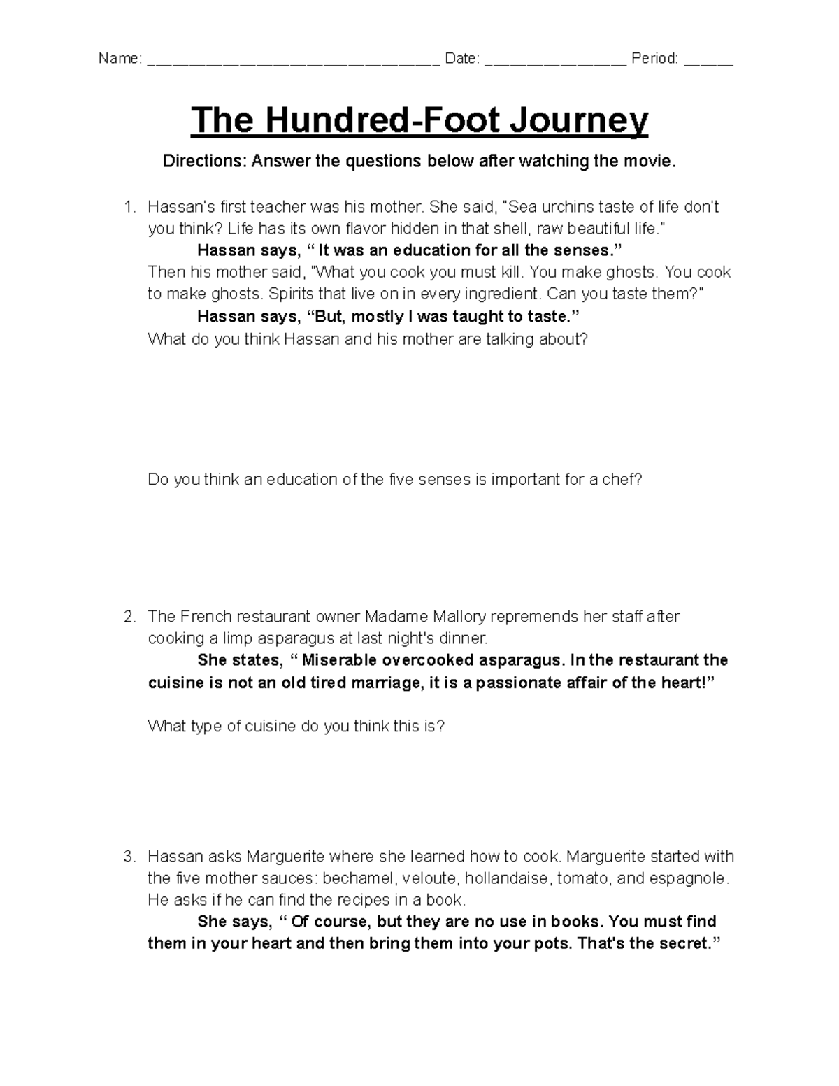 The Hundred-Foot Journey: Movie Discussion Questions & Analysis - Studocu