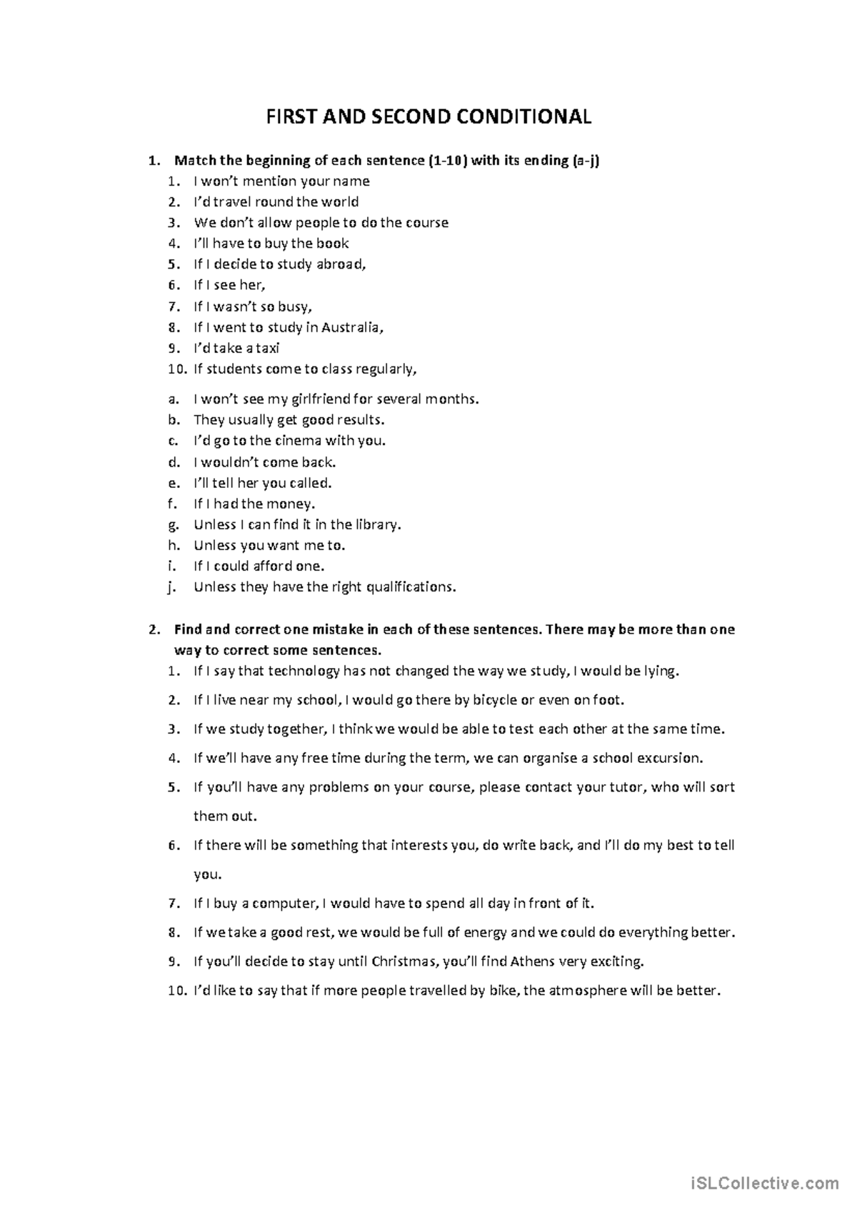 Conditionals (ENG101): First and second conditional exercises and ...