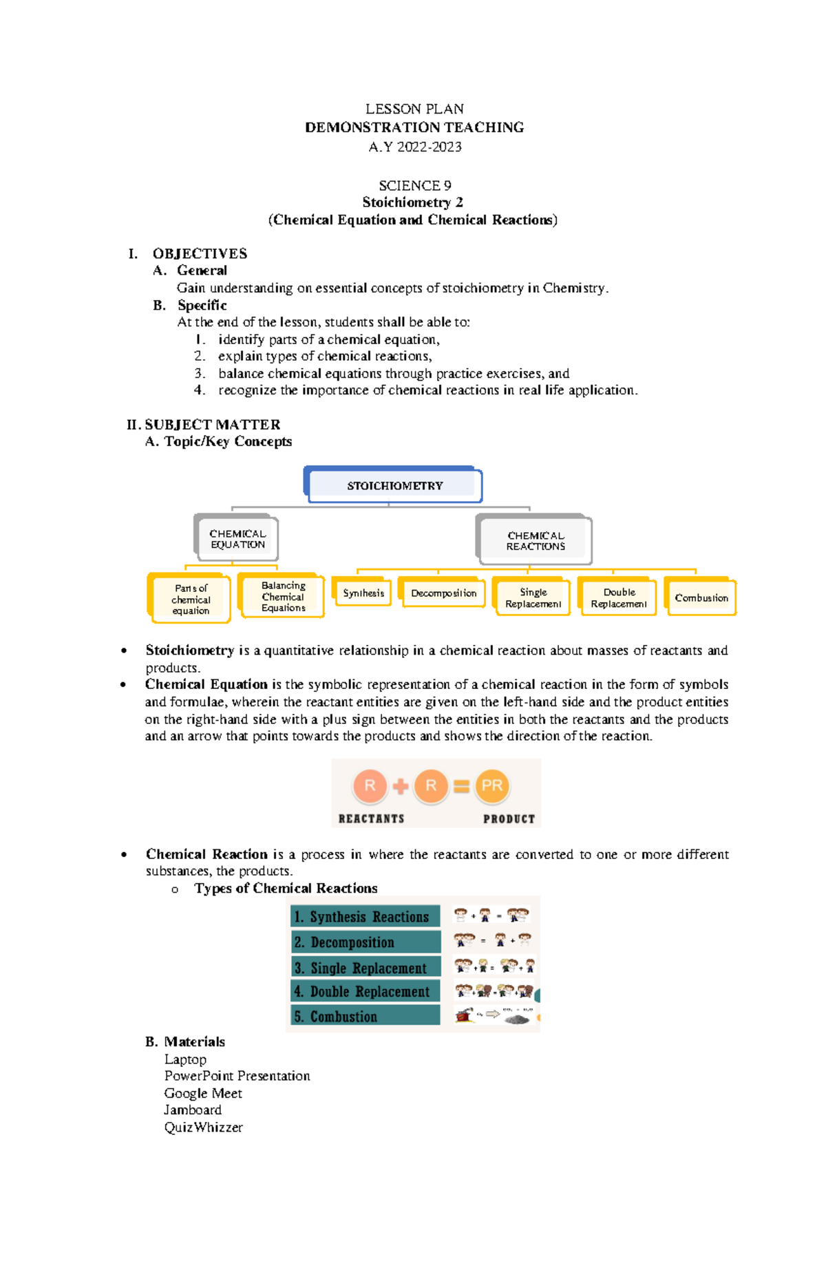 Science 9: Stoichiometry Lesson Plan by Jhanel S. Punongbayan - Studocu