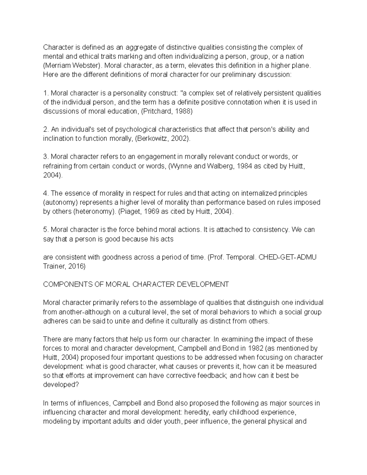 Ethics and Moral Character Development: A Comprehensive Study (ETH101 ...