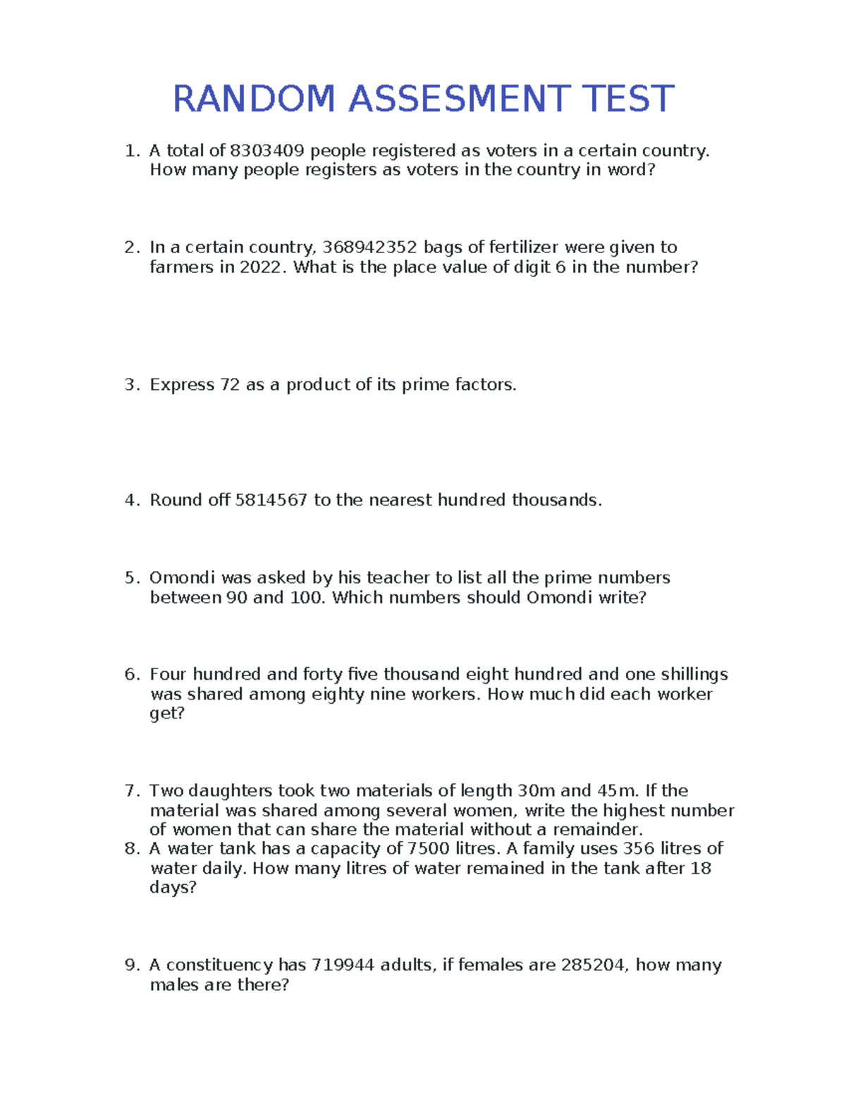 Grade 7 Mathematics Random Assessment Test 1 - Studocu