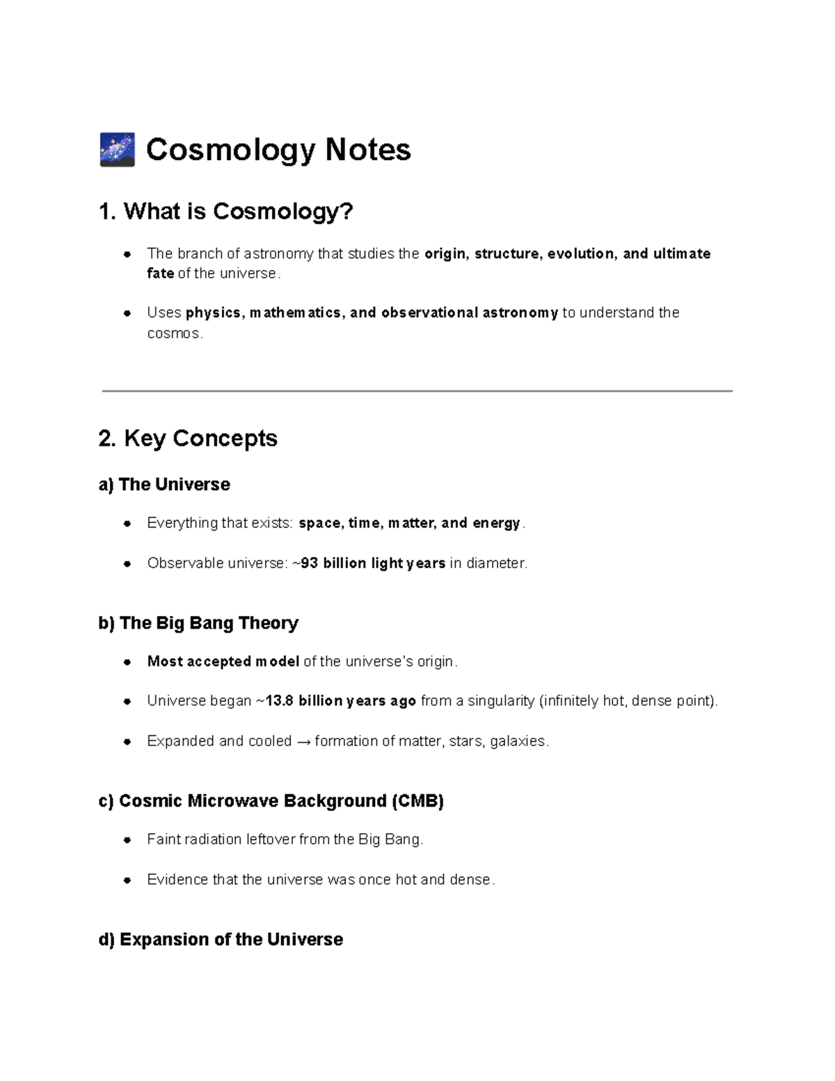 COS 101: Intro to Cosmology - Key Concepts & Theories Notes - Studocu