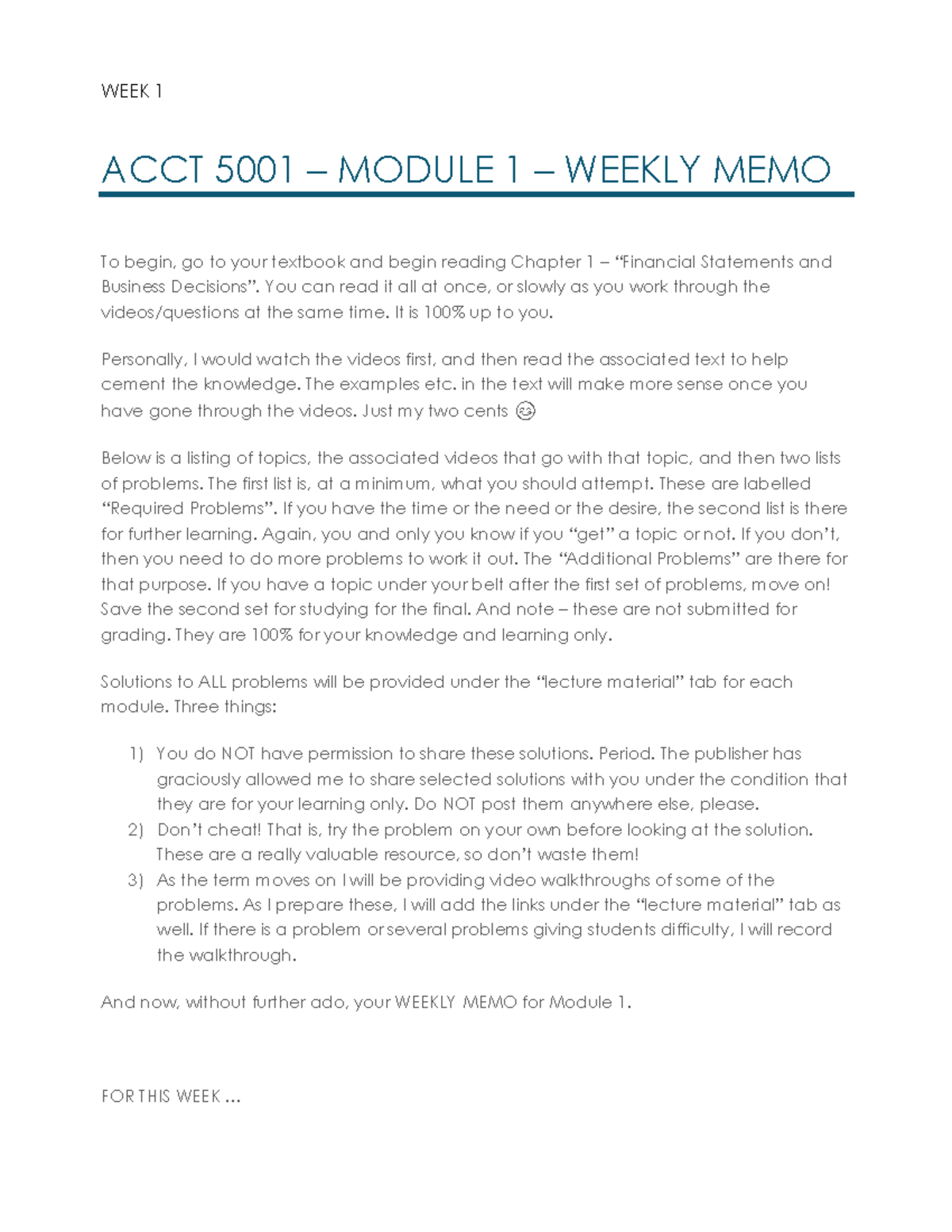 ACCT 5001 Mod1 Weekly Memo: Chapter 1 Overview & Study Guide - Studocu