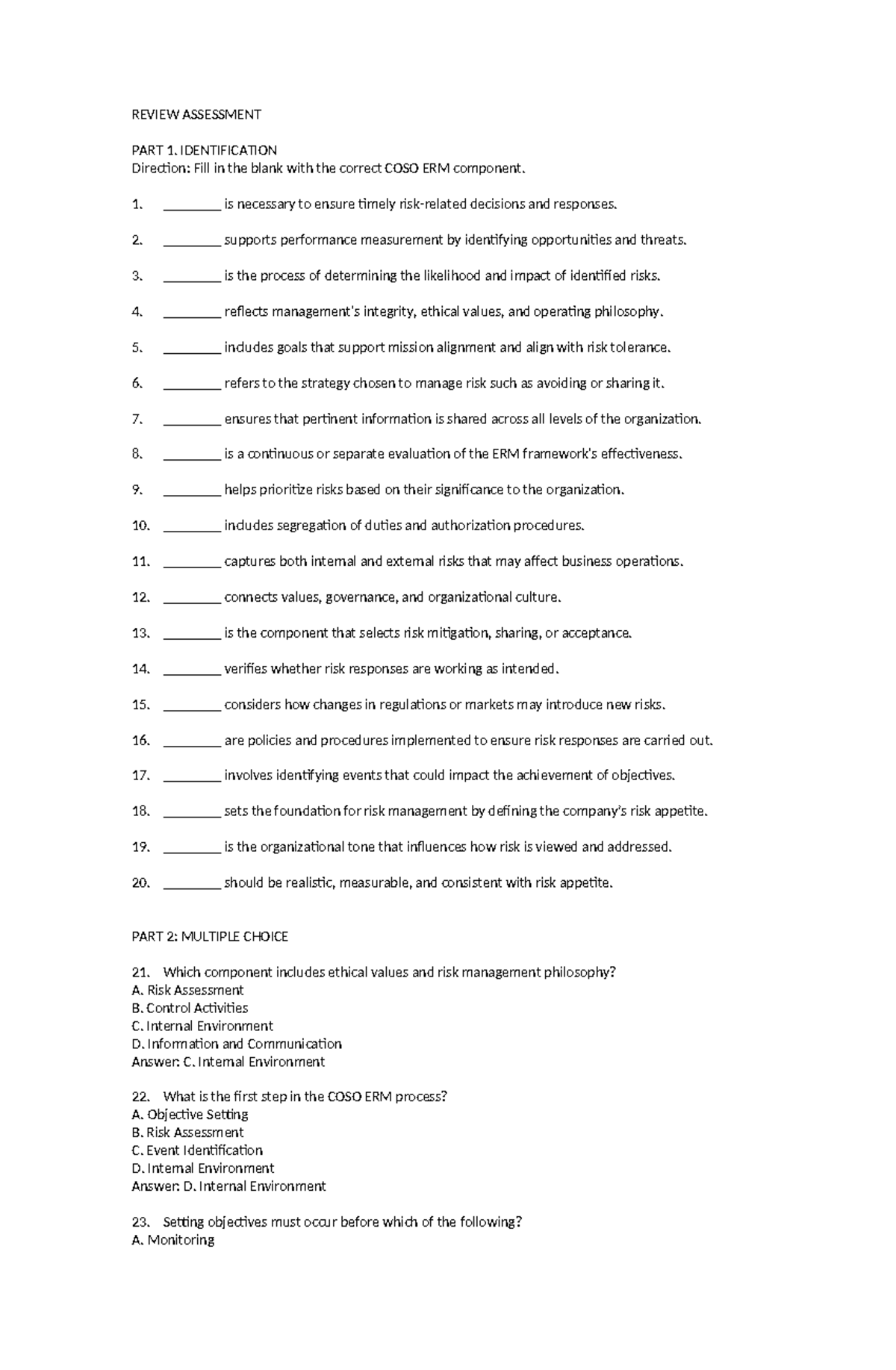 COSO ERM Review Assessment Part 1 & Answer Key - Studocu