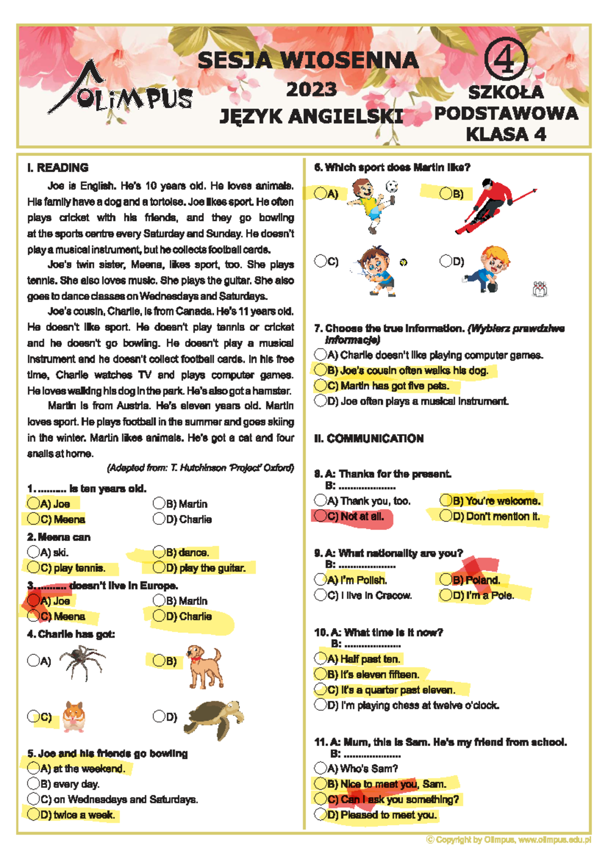 OLIMPUS 2023: Sesja Wiosenna - Klasa 4 Angielski Reading ...