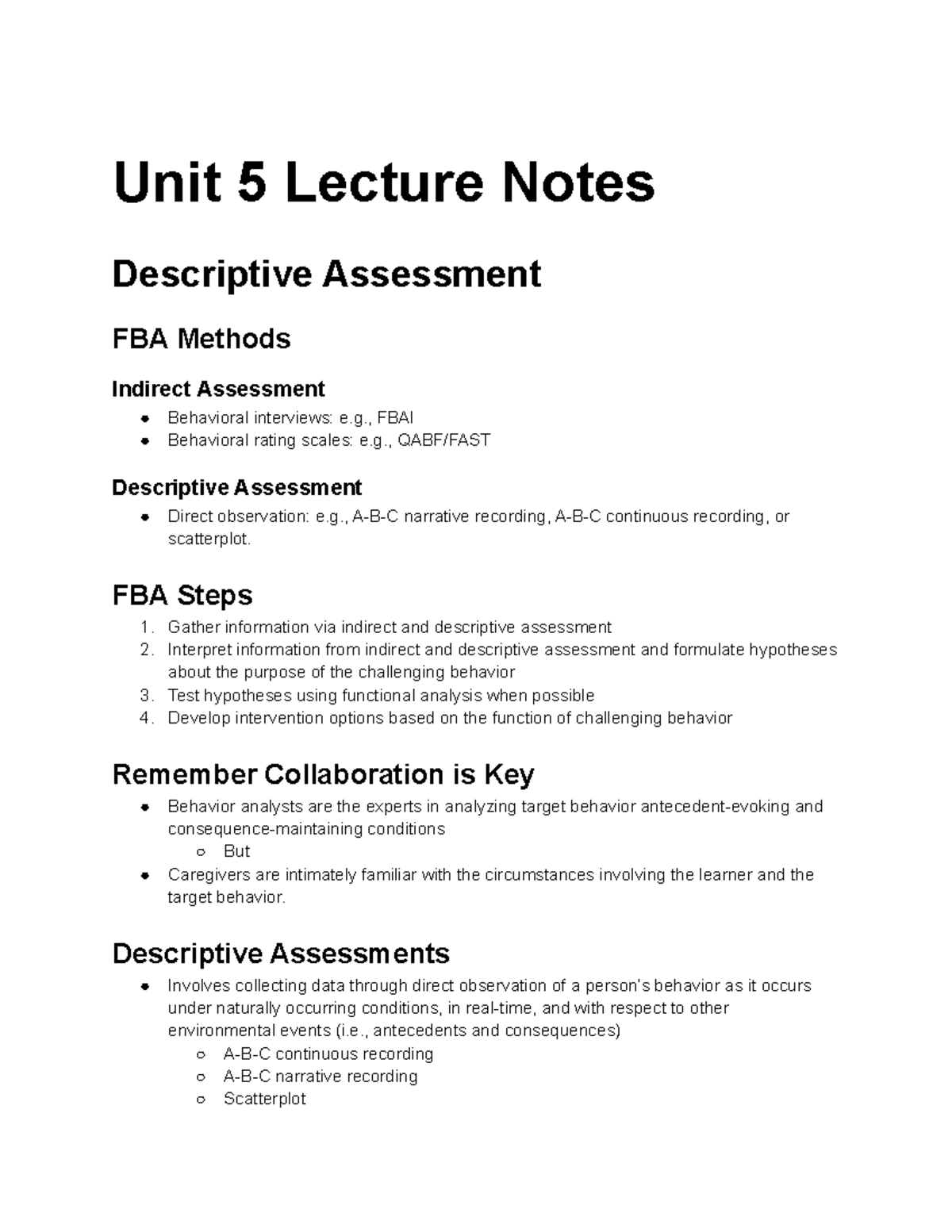 Unit 5 Lecture Notes: Functional Behavior Assessment Techniques - Studocu