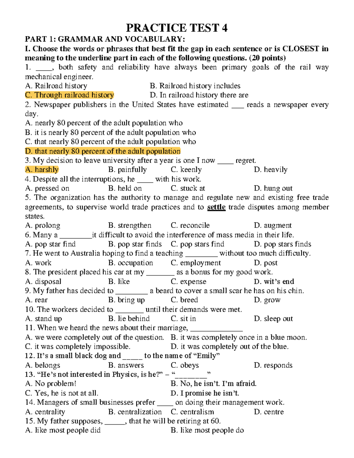 PRACTICE TEST 4: GRAMMAR & VOCABULARY EXERCISES - Studocu
