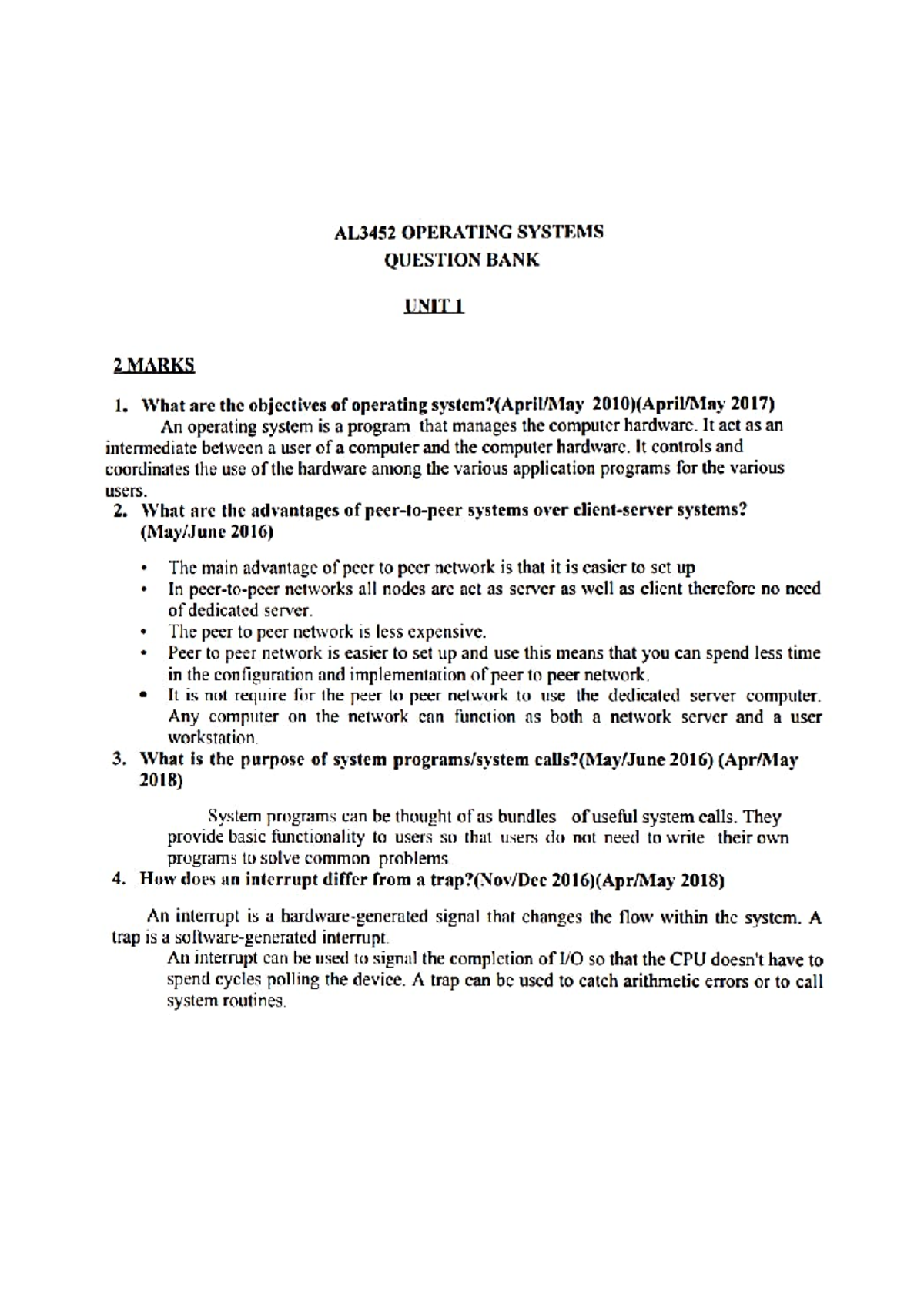 AL3452 OPERATING SYSTEMS QUESTION BANK UNIT 1 & 2 16 MARKS - Studocu
