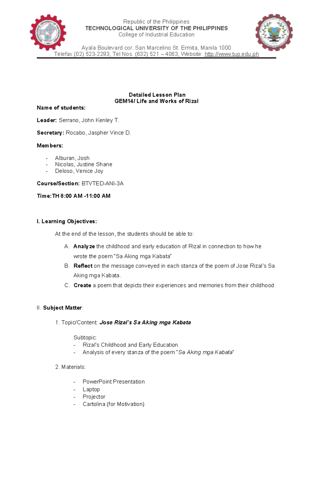 GEM 14 Lesson PLAN - Thanks. Hope this serves as guide - TECHNOLOGICAL ...