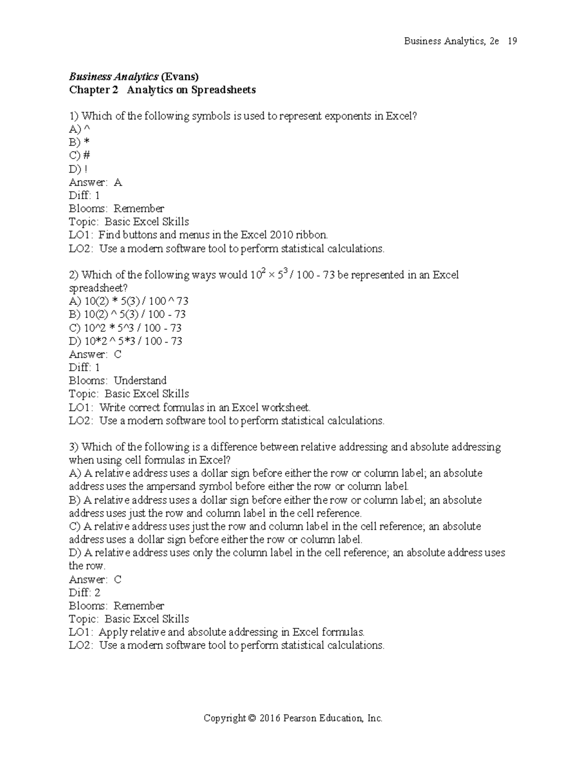 Business Analytics, 2e BA2 Chapter 2: Excel Analytics and Functions ...