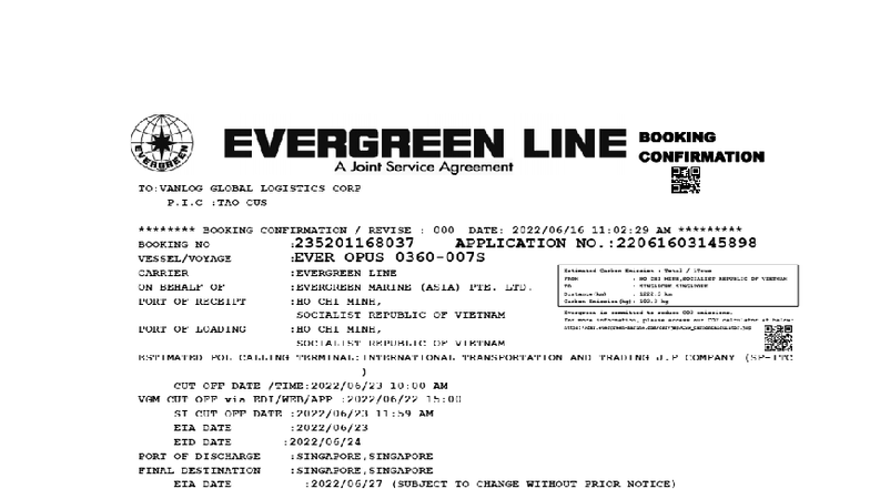 Booking Confirmation for Evergreen Line - Booking No. 235201168037 ...