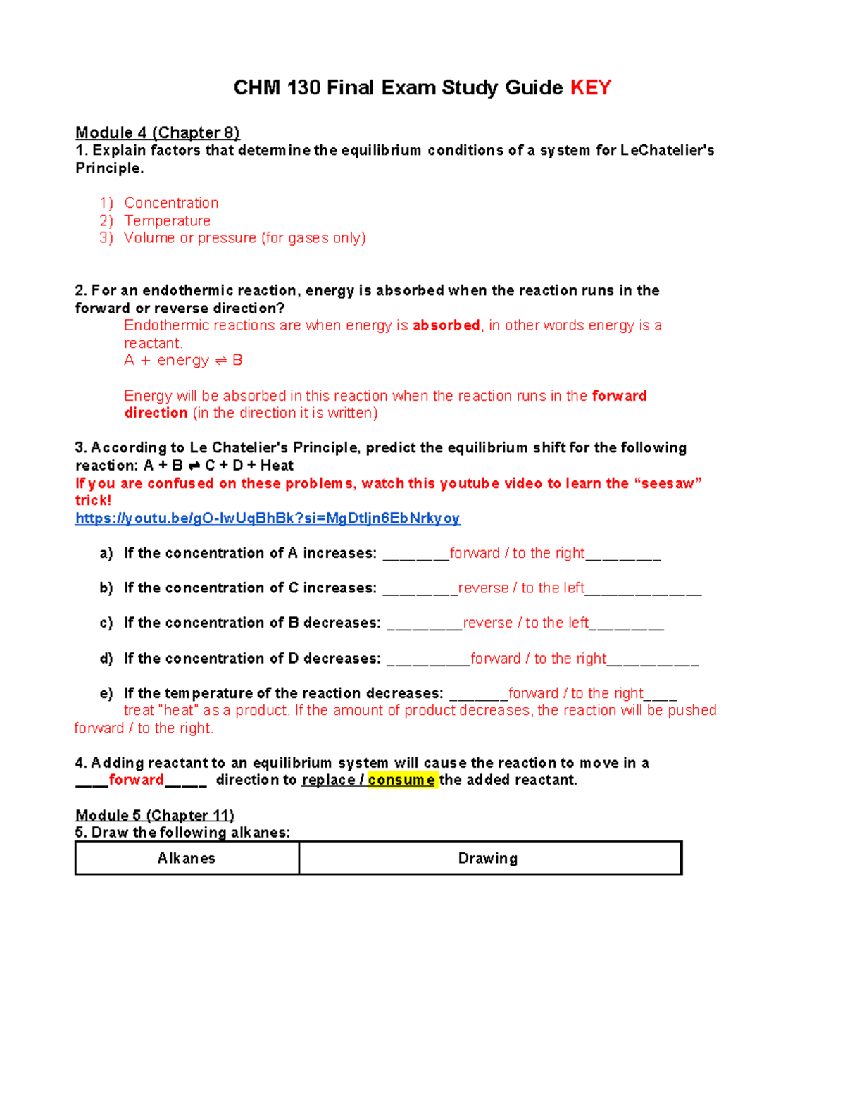 CHM 130 Final Exam Study Guide KEY: Equilibrium, Alkanes, and Functional Groups - Studocu