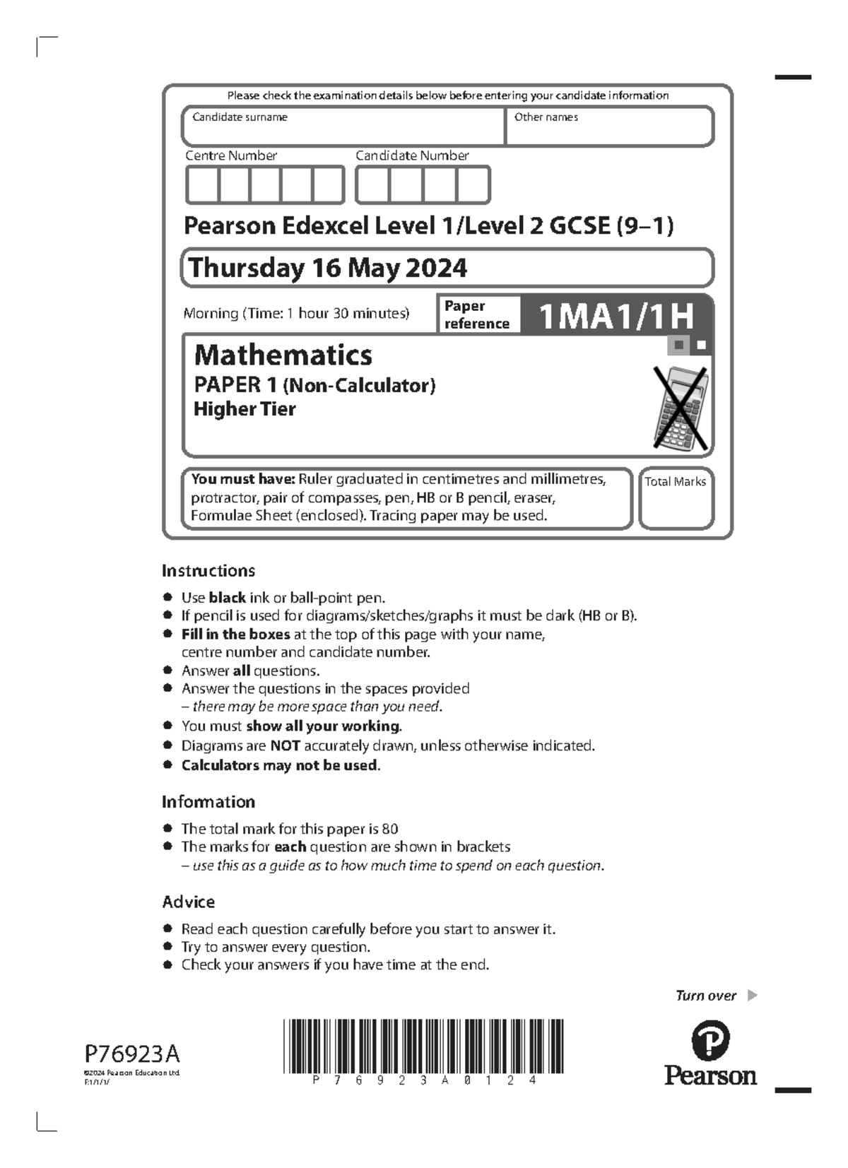Non-Calc - Pearson Edexcel Level 2 GCSE Maths Paper - May 2024 - Studocu