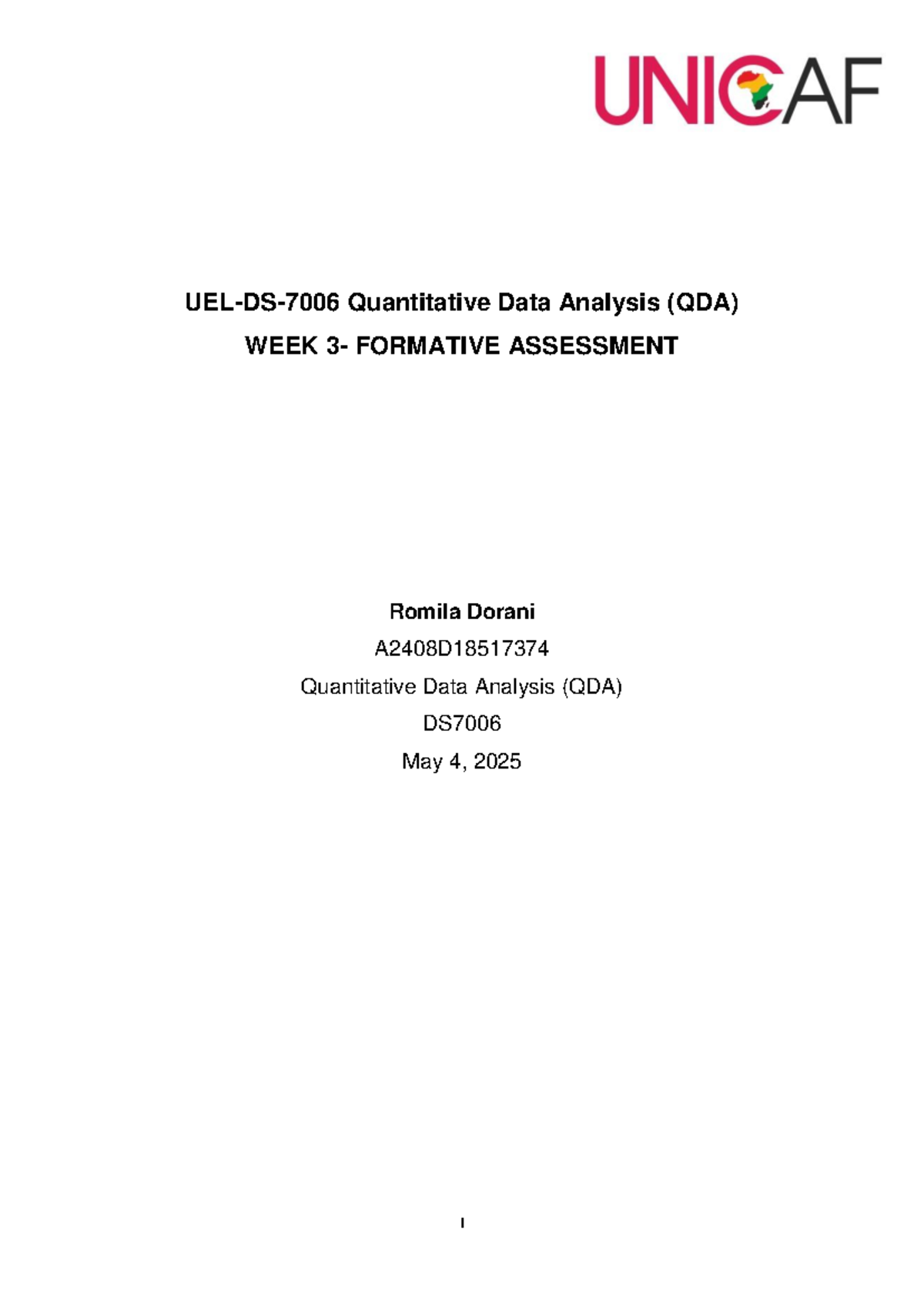 QDA DS7006 WEEK 3 - Formative Assessment on Data Analysis - Studocu