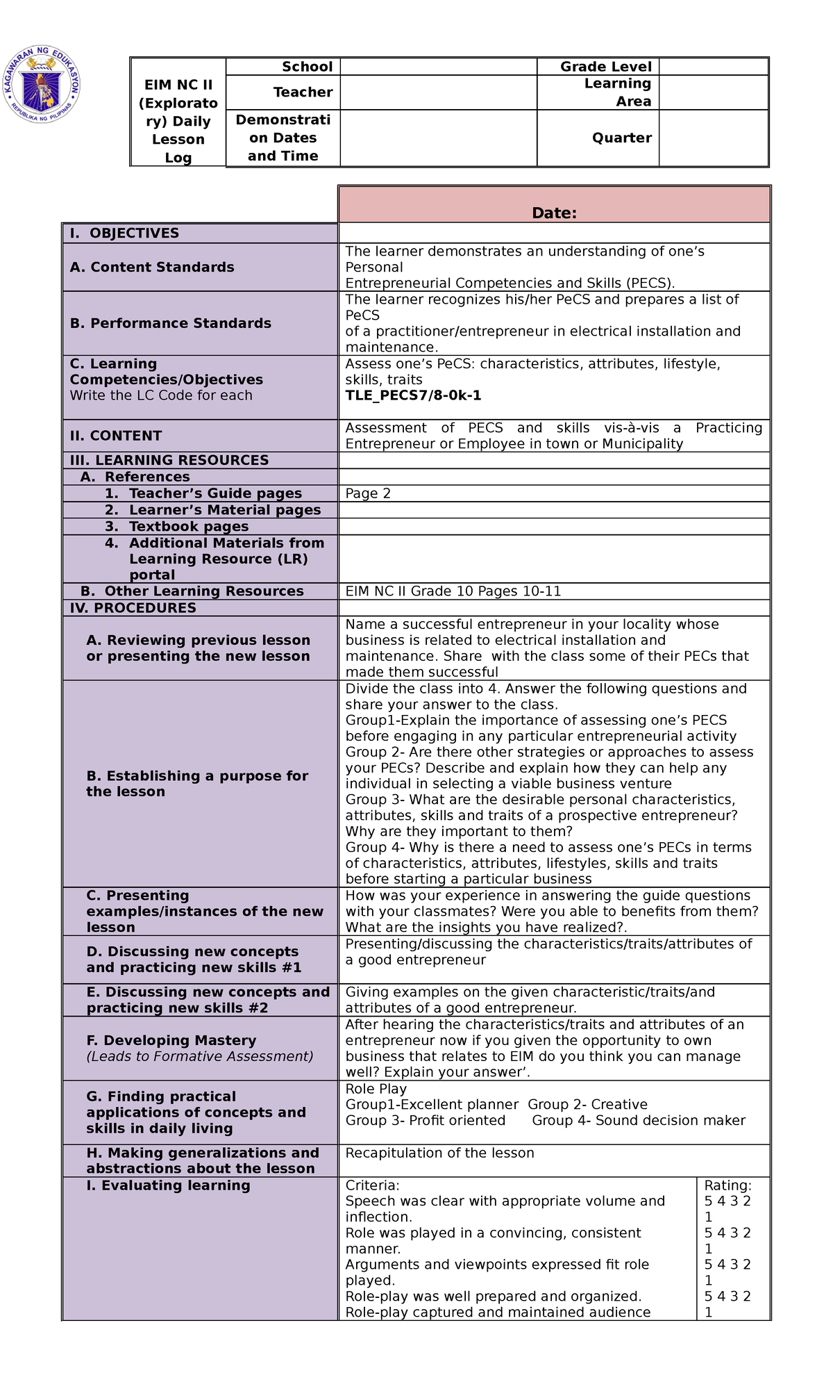 EIM NC II - Daily Lesson Log for Electrical Installation & Maintenance ...