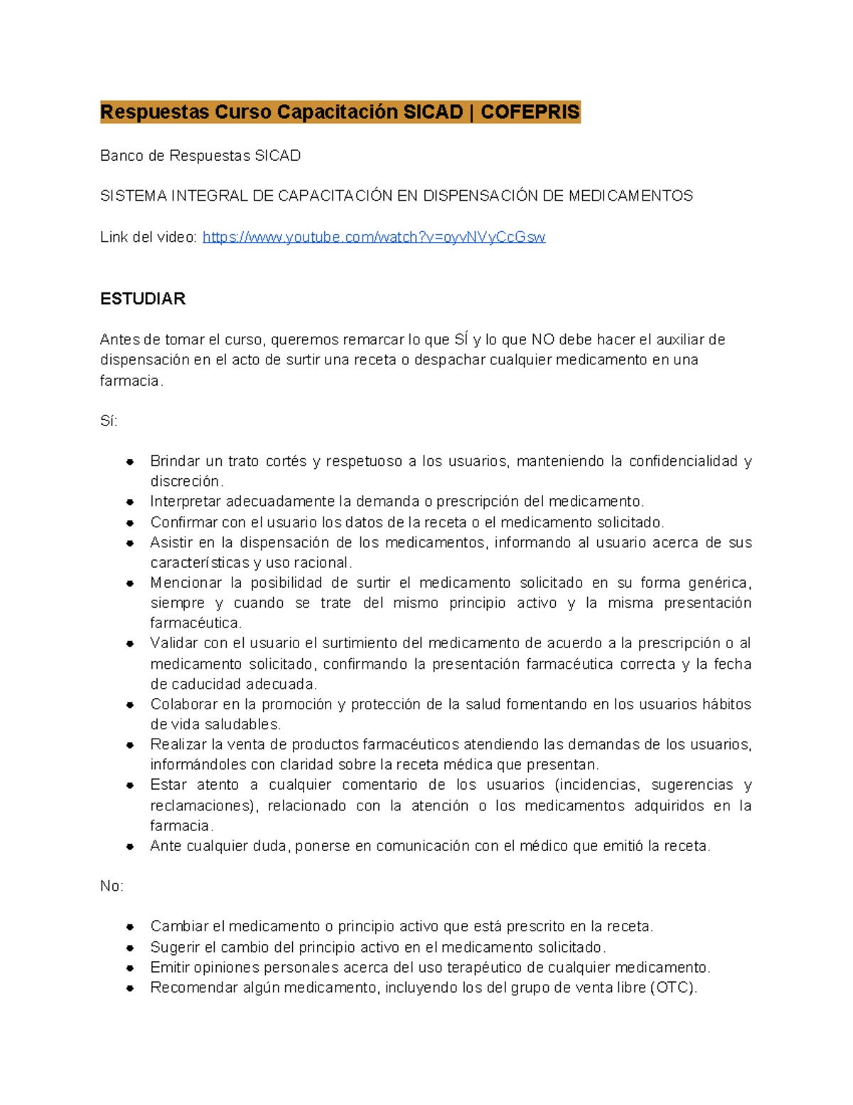 Respuestas del Examen del Curso en Línea SICAD - COFEPRIS - Studocu