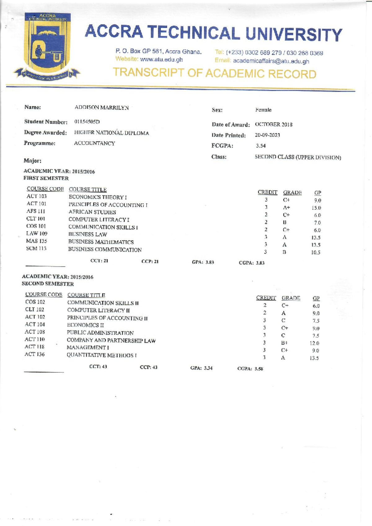 Accra Technical University HND Transcript for Addison Marrilyn - Studocu