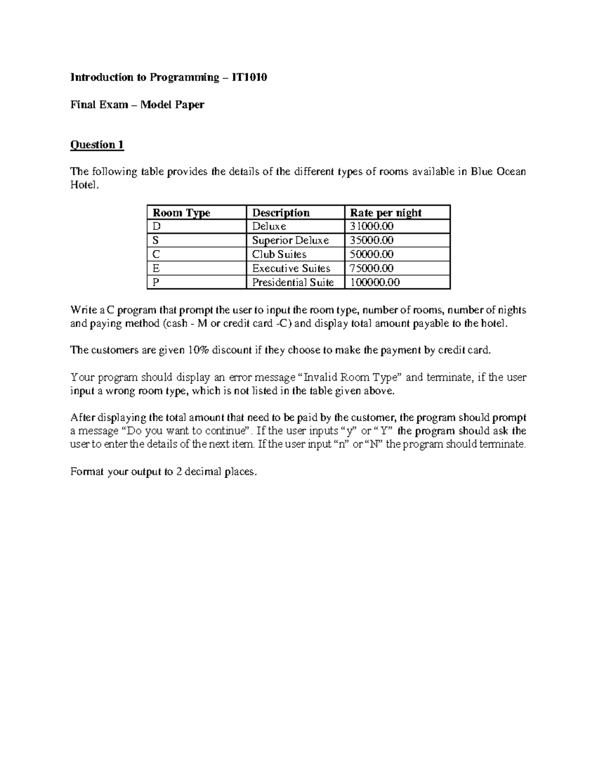 IT1010 Final Exam Model Paper: Programming Questions and Solutions ...