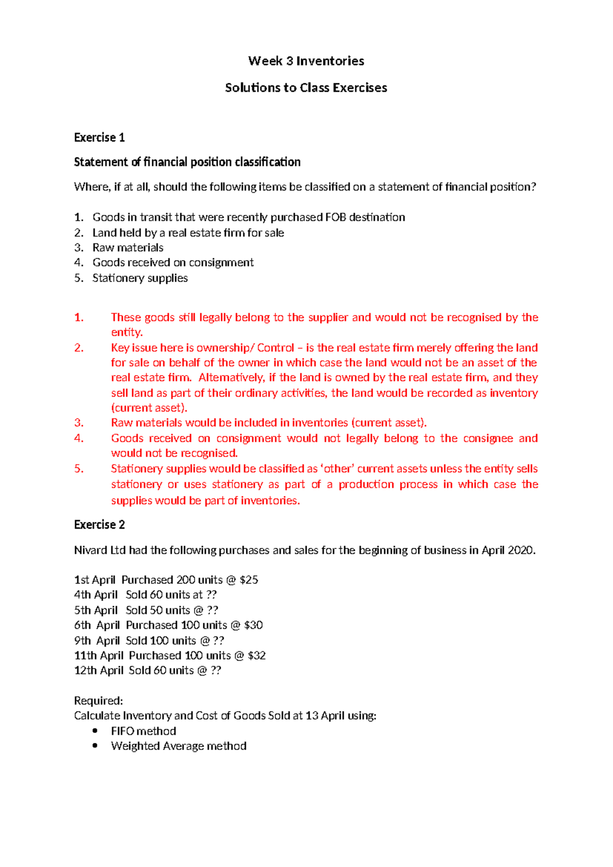 Week 3 Solutions to Class Exercises on Inventory AA-1 - Studocu