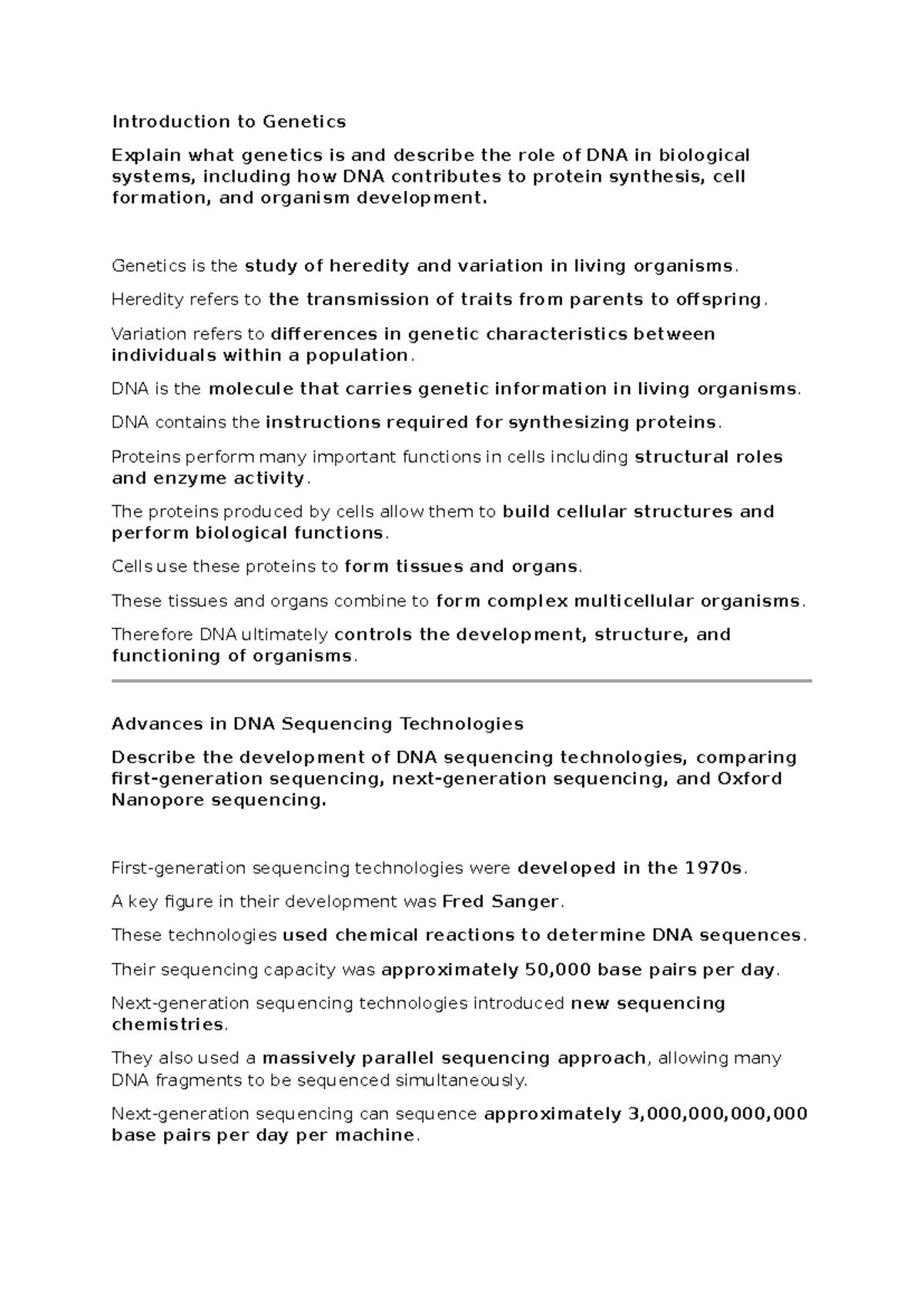 Genetics 1 - Lecture Notes: DNA, Sequencing Tech, and Applications ...