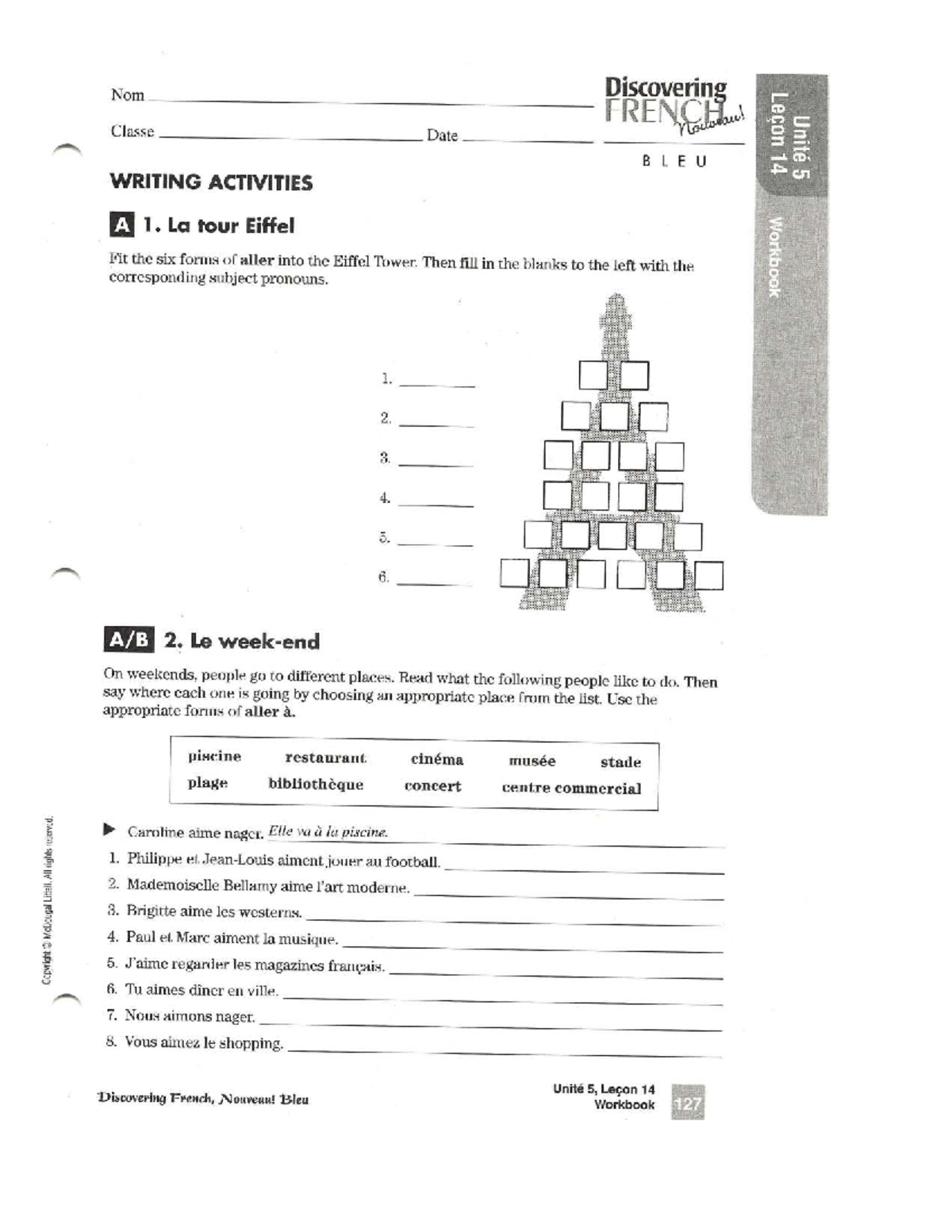 D 11 F1 - Discovering French Bleu Unité 5 Leçon 14 Writing Activities ...